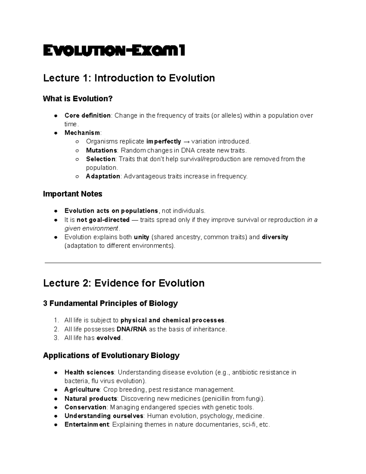 Evolution - Exam 1 Study Guide: Key Concepts in Natural Selection - Studocu