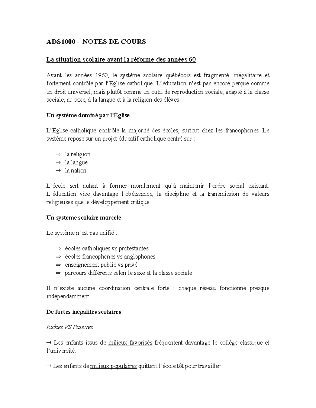 NOTES DE COURS: La situation scolaire au Québec avant les années 60 ...