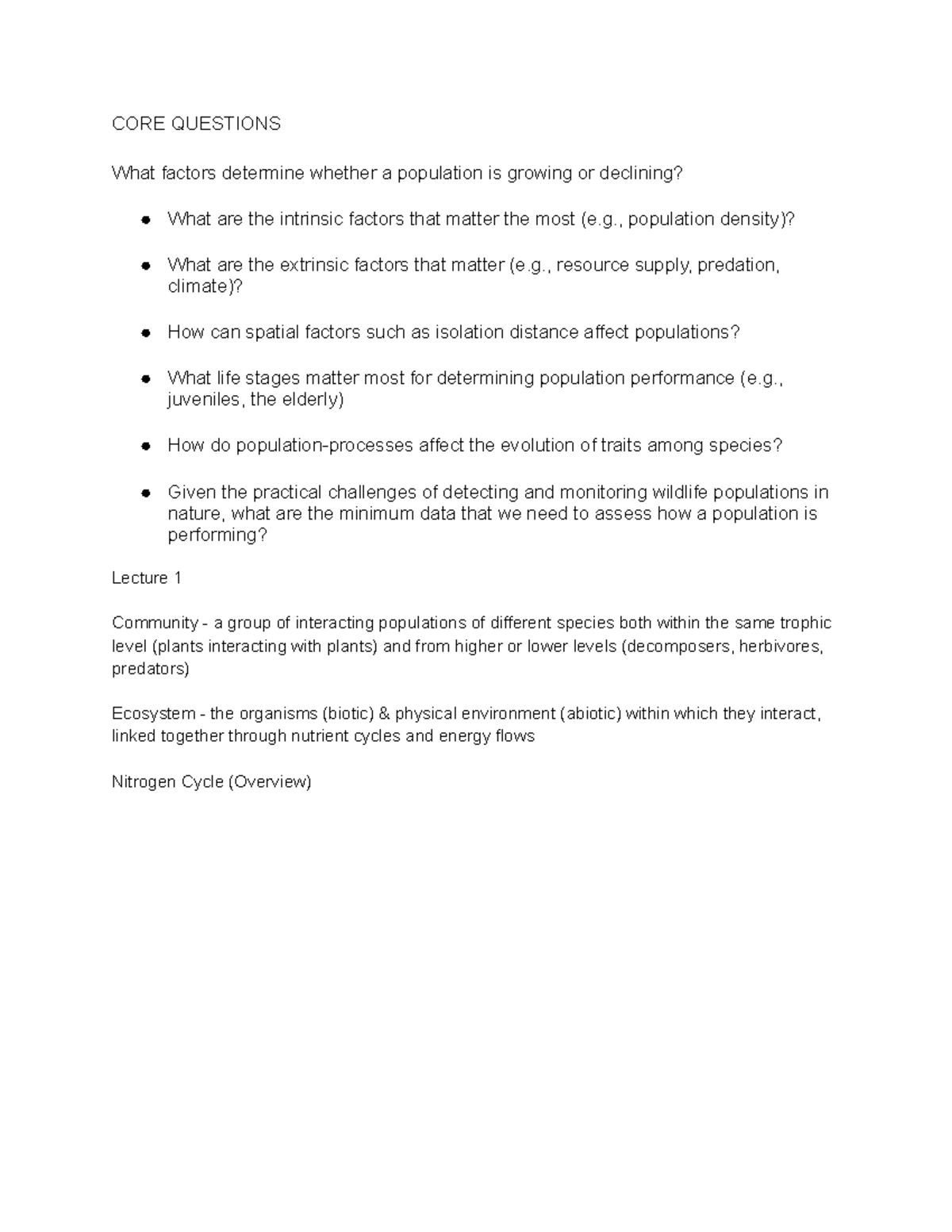 CORE 101: Lecture 1-2 Notes on Population Dynamics and Ecosystems - Studocu