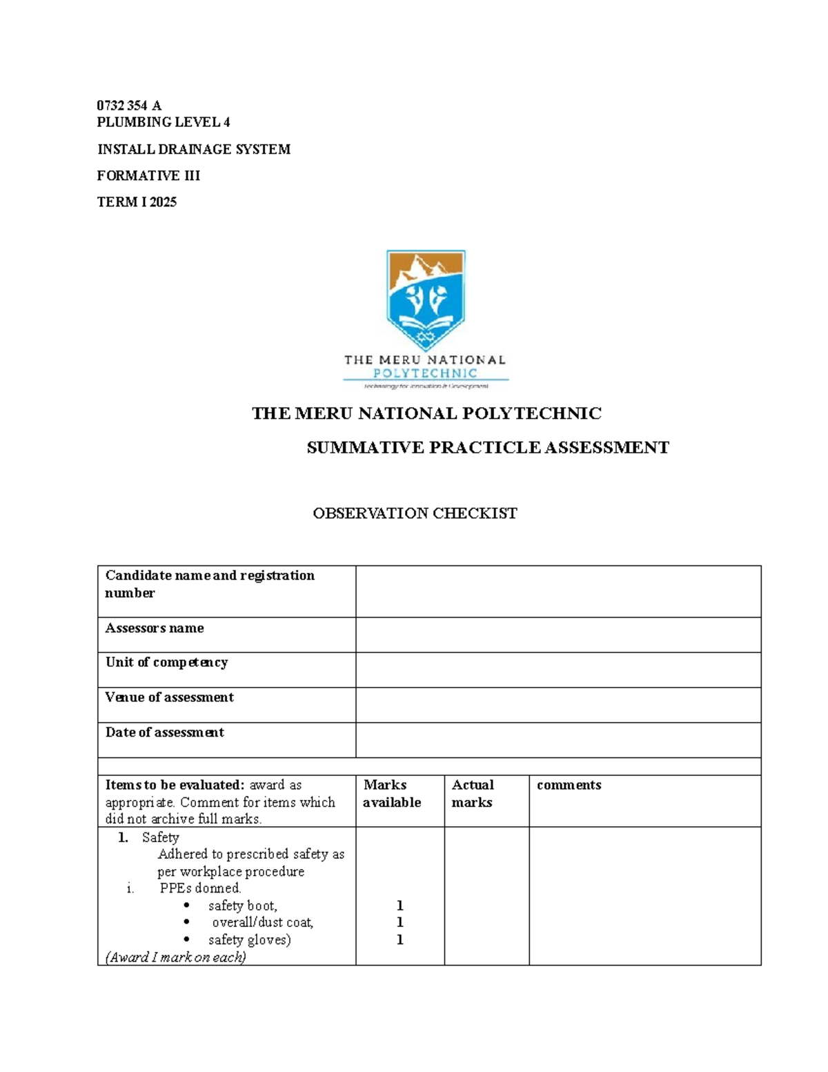 0732 354 A Plumbing Level 4 Drainage System Formative Term I 2025 - Studocu