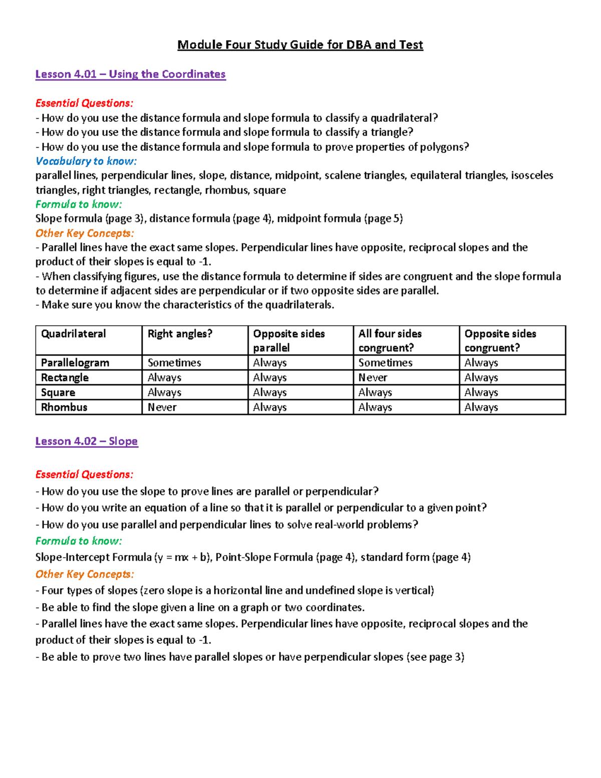 Module 4 DBA Study Guide: Coordinates, Slope, and Applications - Studocu