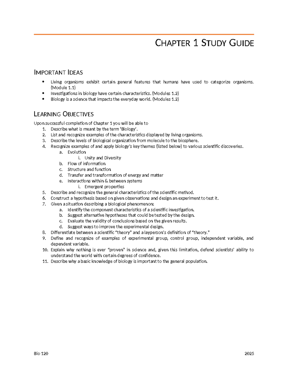 Bio 120 Chapter 1 Study Guide: Key Concepts in Biology 2025 - Studocu