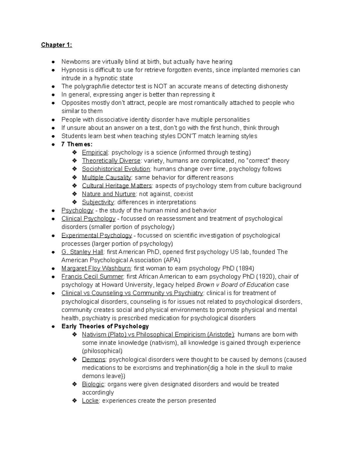 Psych Notes CH1: Foundations of Psychology and Key Theories - Studocu