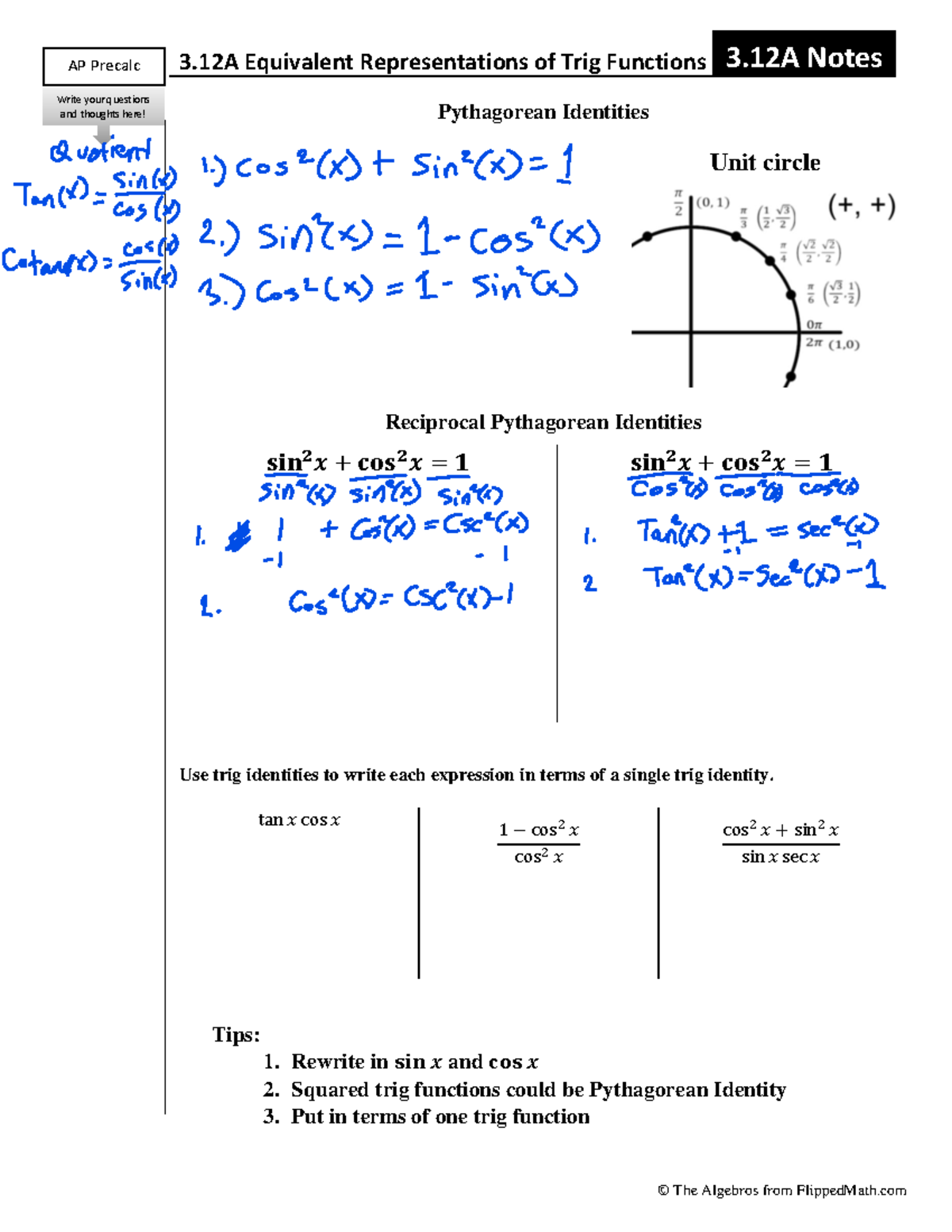 AP Precalc 3.12A Equivalent Representations of Trig Functions Notes ...