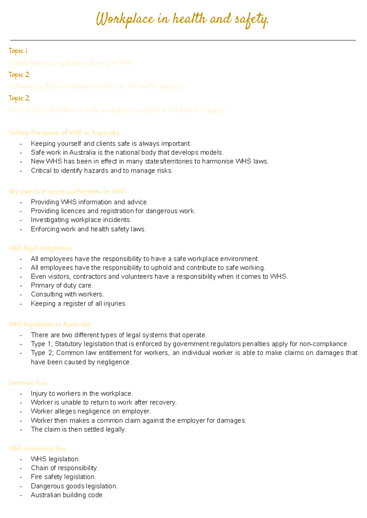 Workplace in health and safety - Topic 1: Legislation and regulation ...