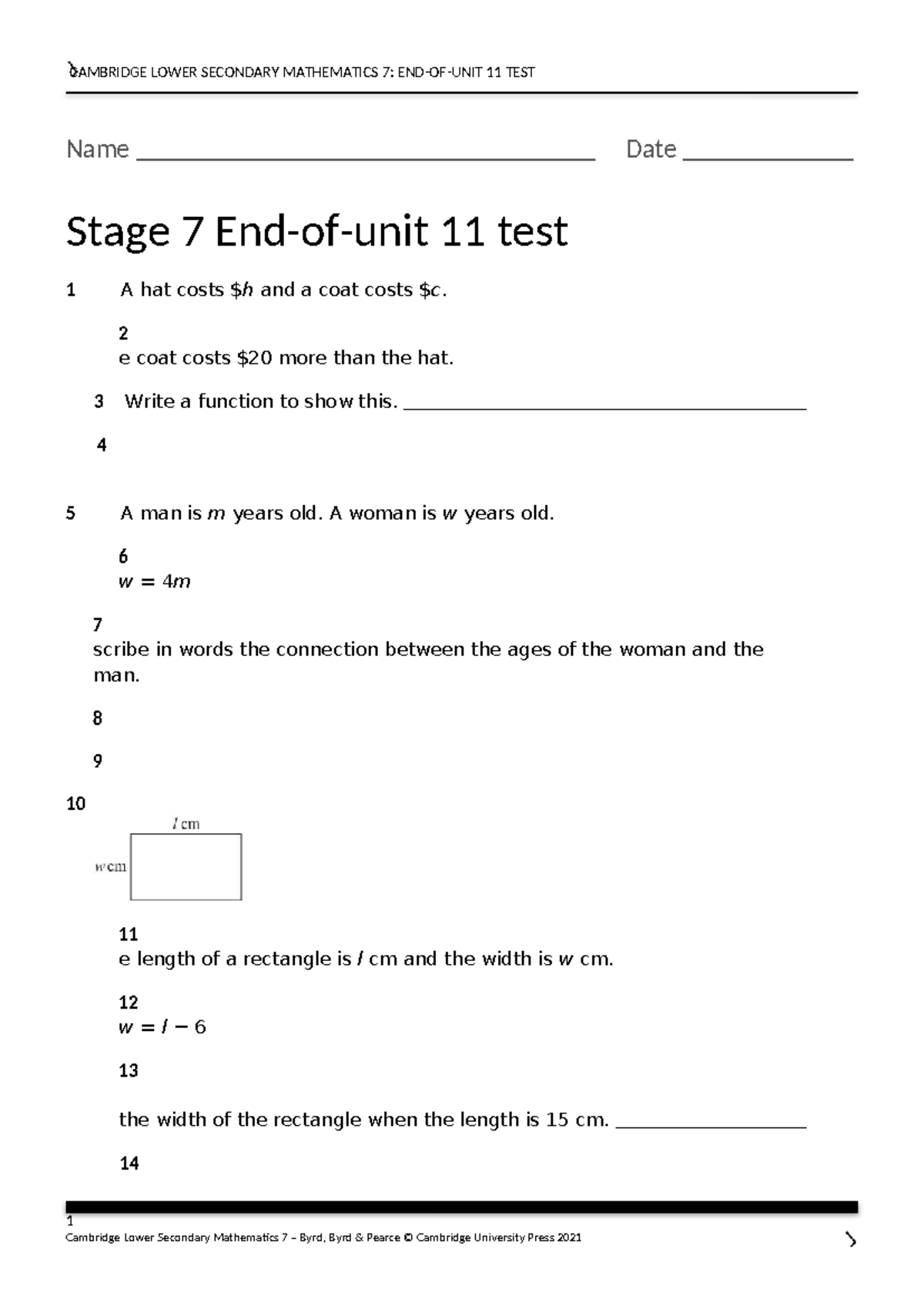 Cambridge Lower Secondary Mathematics 7: Unit 11 Test Review - Studocu
