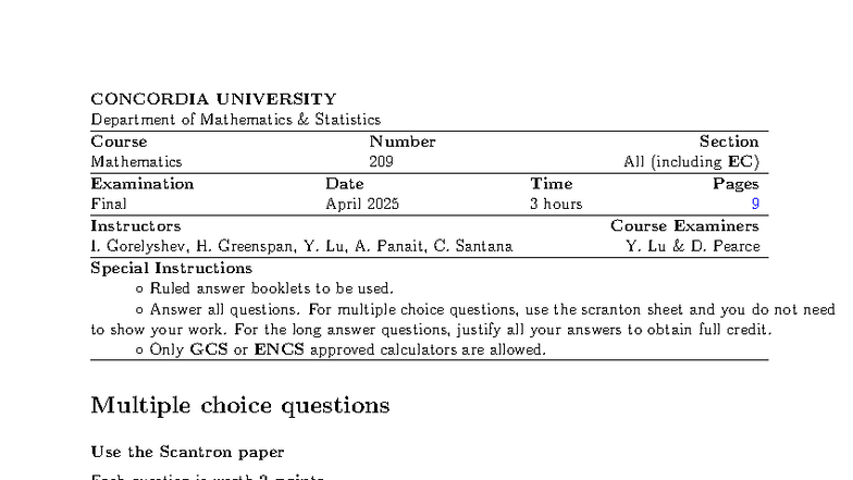 MATH 209 Final Exam - Concordia University - April 2025 - Studocu