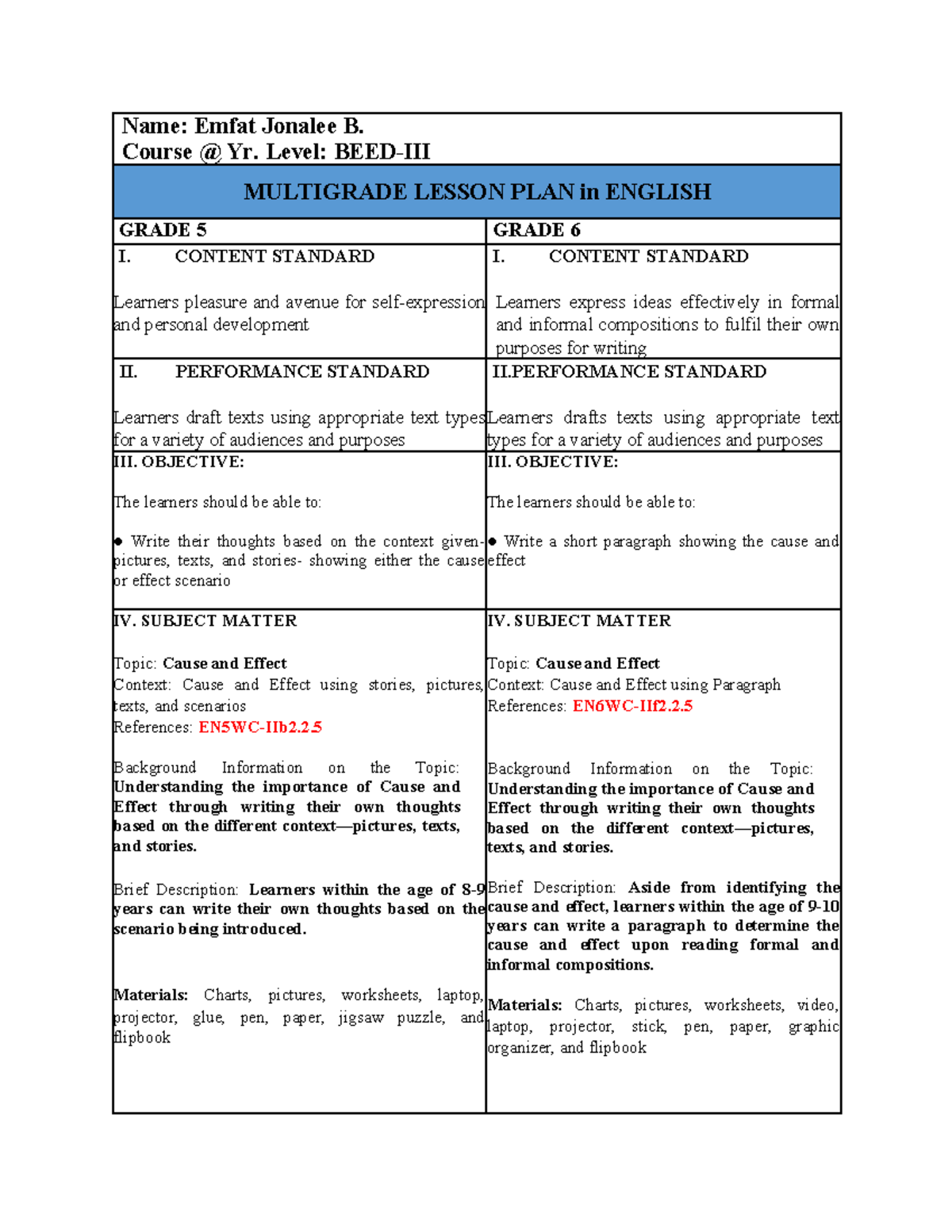 Multigrade Teaching Lesson Plan: Cause and Effect for BEED-III 5-6 ...
