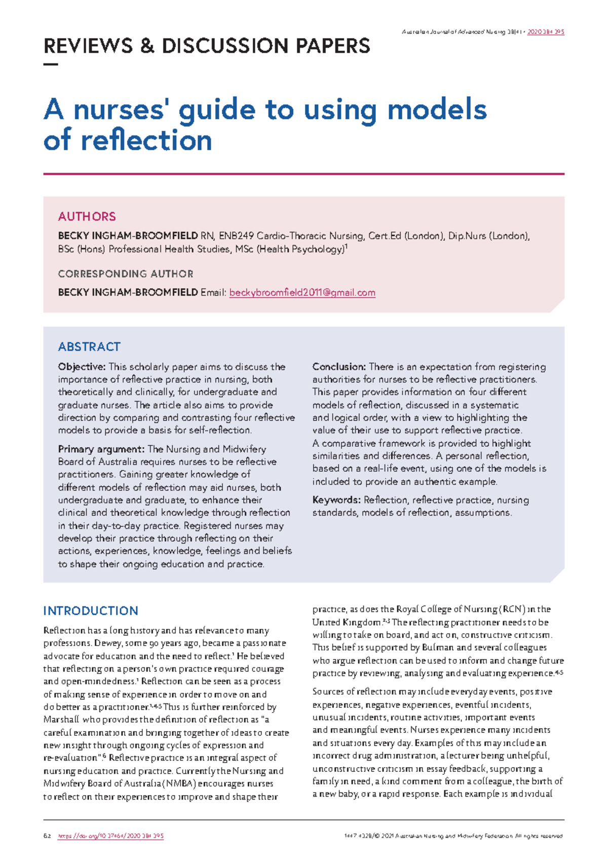 Reflective Practice in Nursing: Comparing Four Reflection Models - Studocu