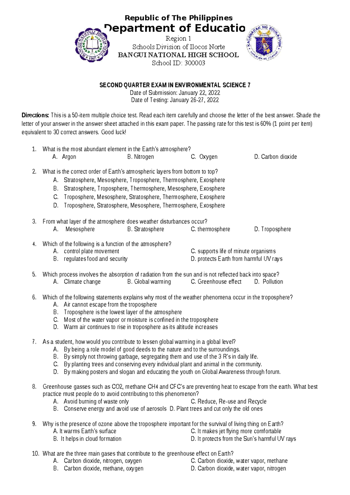 ENVIRONMENTAL SCIENCE 7: 2ND QUARTER EXAM (2022) - Studocu