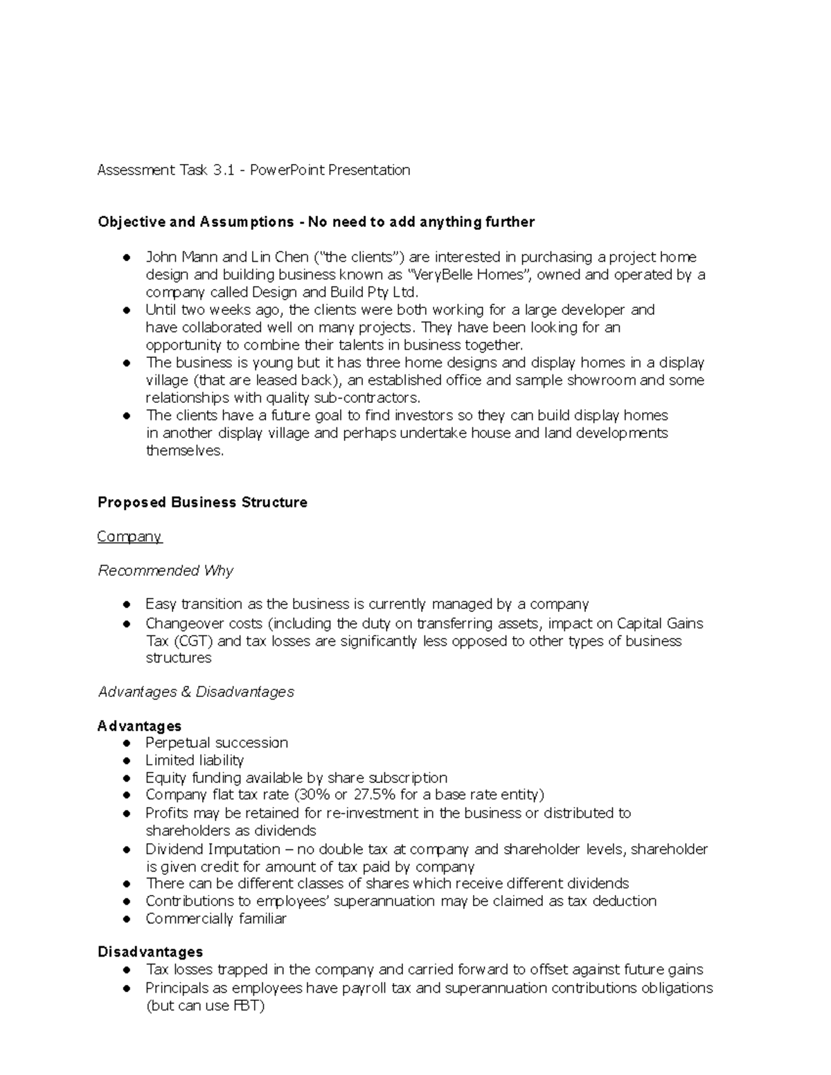 CCP Assessment Task 3.1: PowerPoint Presentation on Business Structures ...