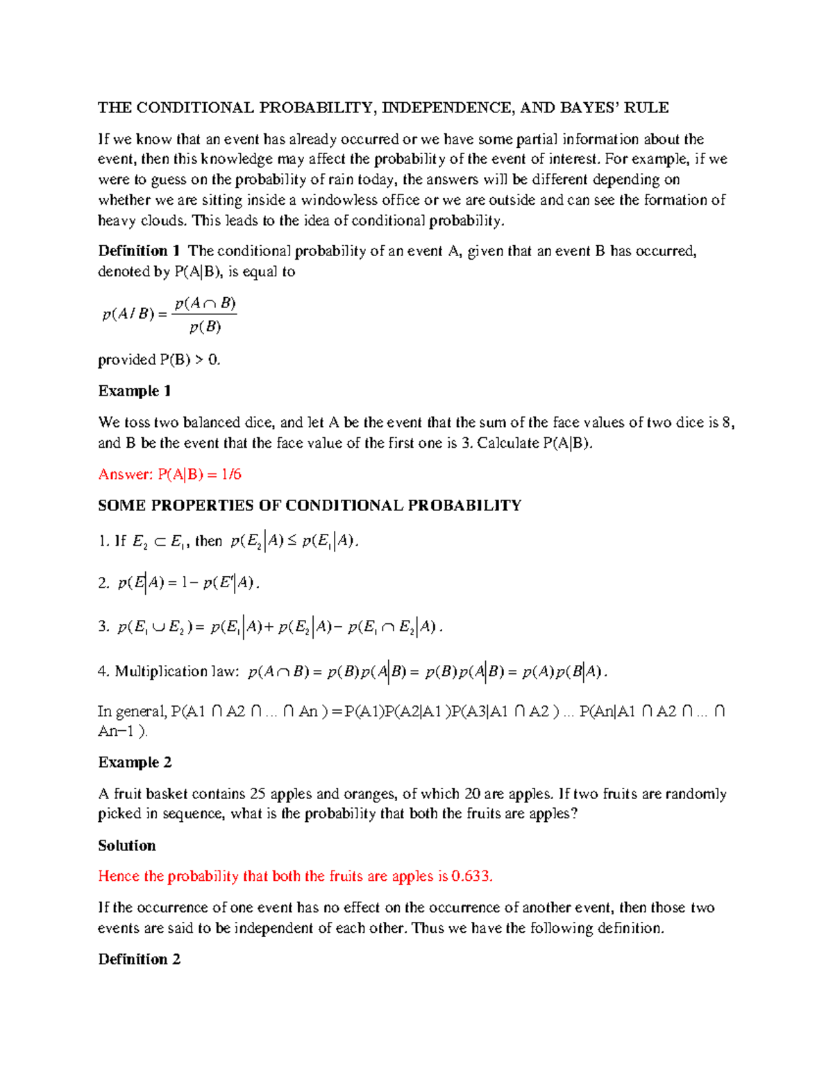 THR Conditional Probability Notes: Independence & Bayes’ Rule - Studocu