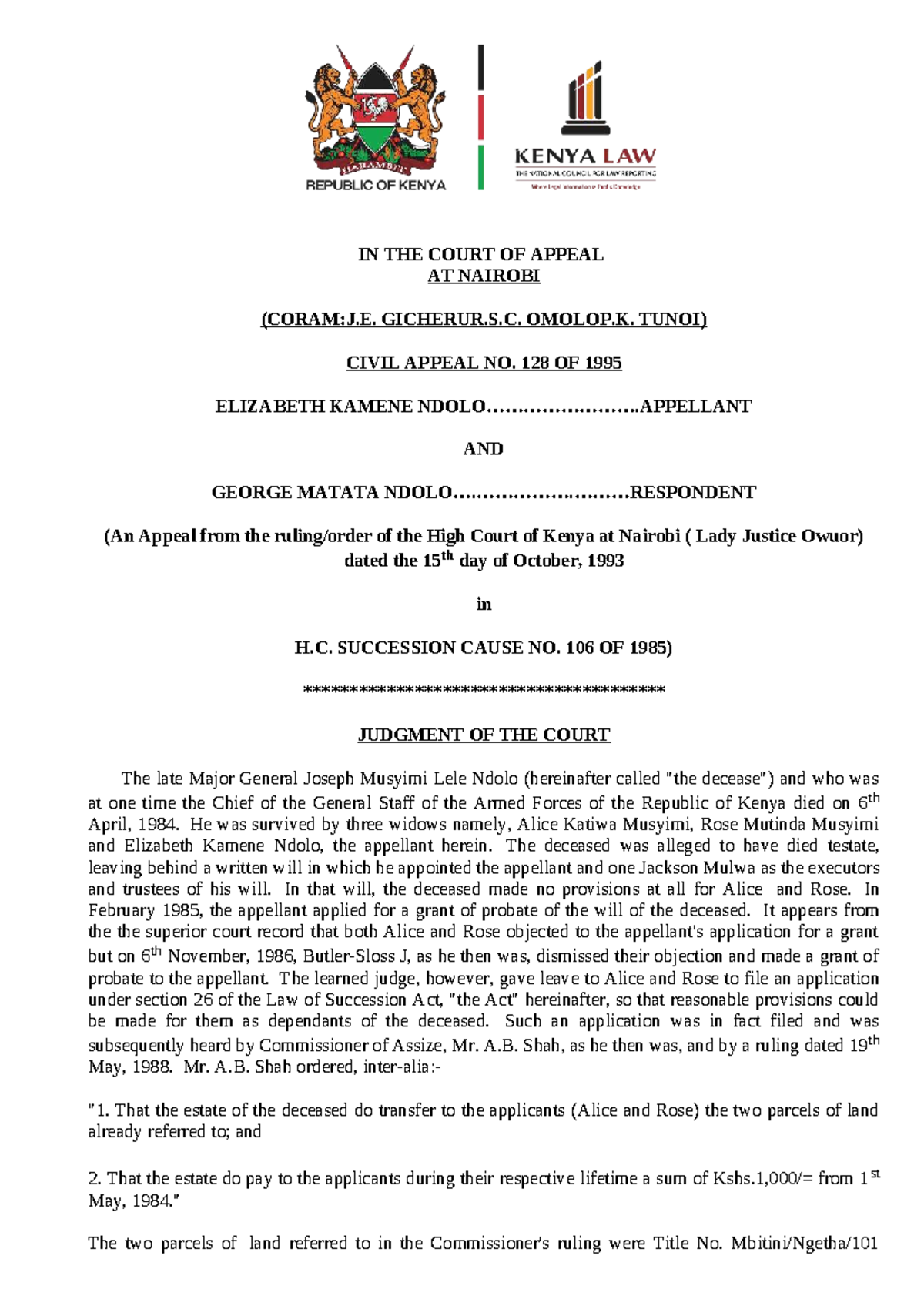 Elizabeth Kamene Ndolo v George Matata Ndolo: Civil Appeal No. 128 of ...