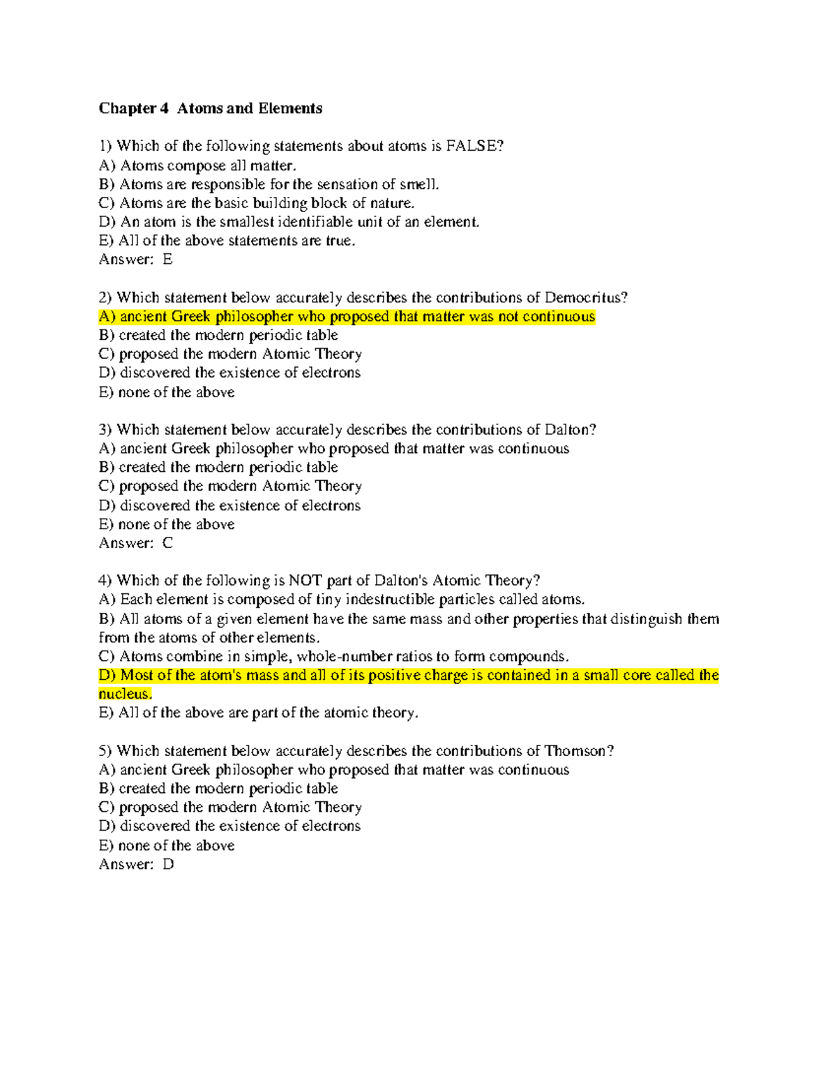 Atoms and Elements: Comprehensive Chapter 4 Review Questions - Chapter ...
