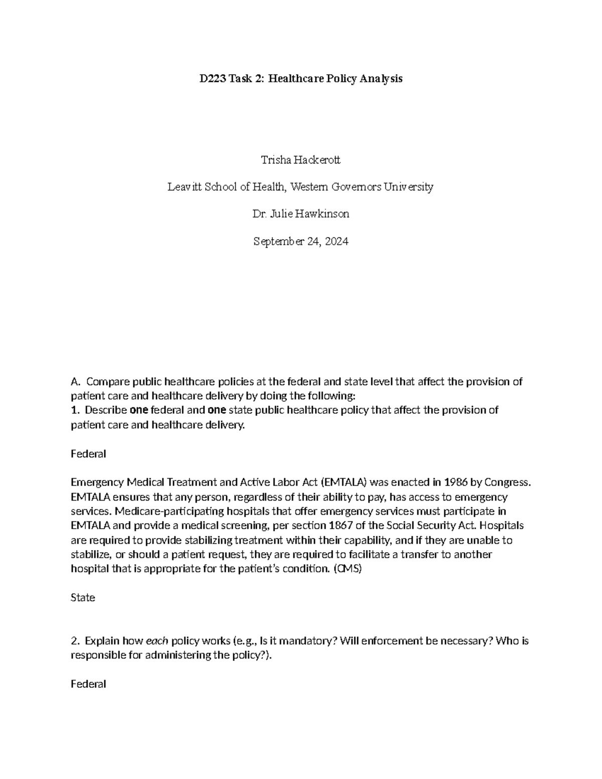 D223 Task 2: Analysis of Federal and State Healthcare Policies - Studocu