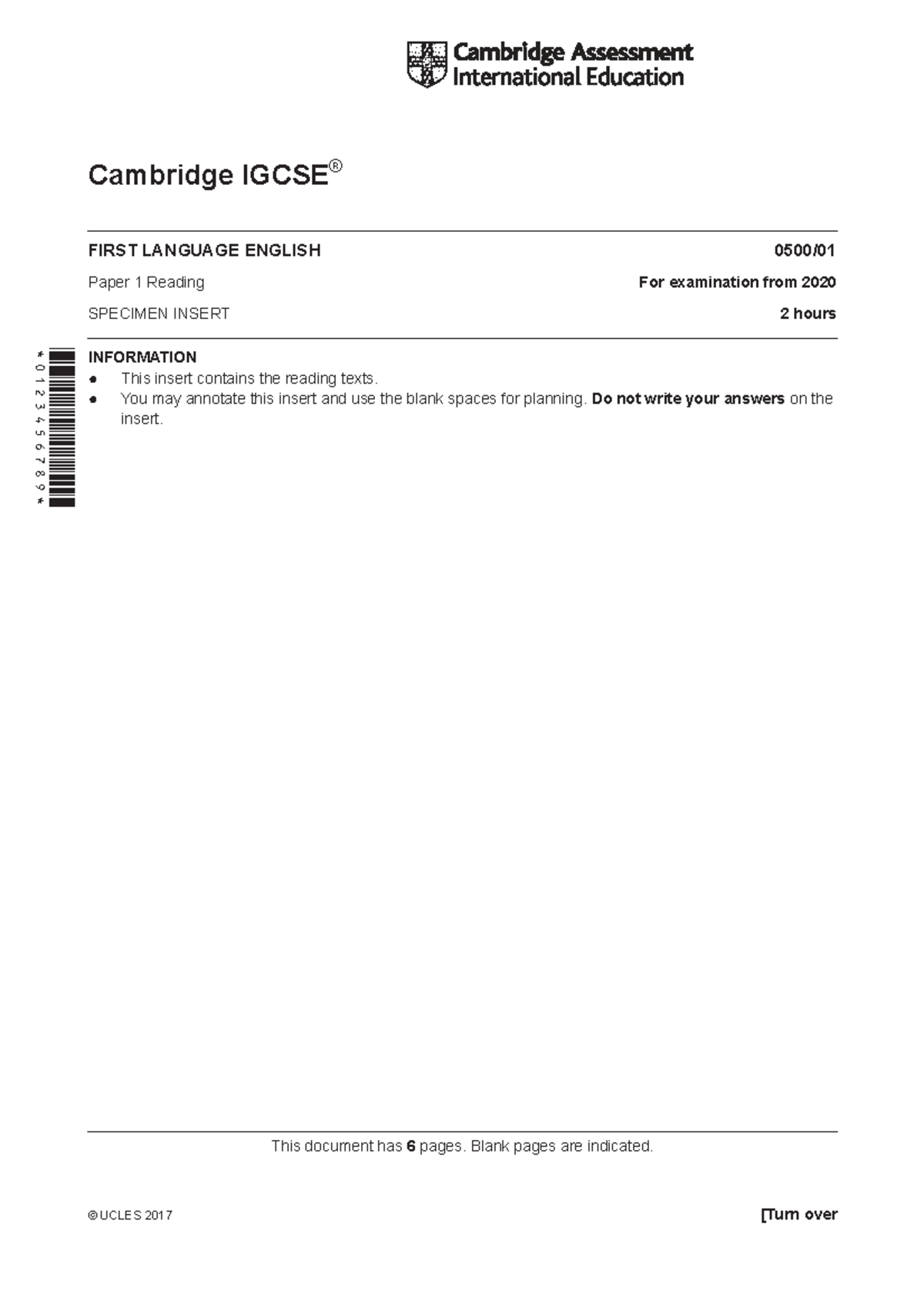 Cambridge FIRST LANGUAGE ENGLISH Paper 1 Reading Specimen Insert 2020 ...