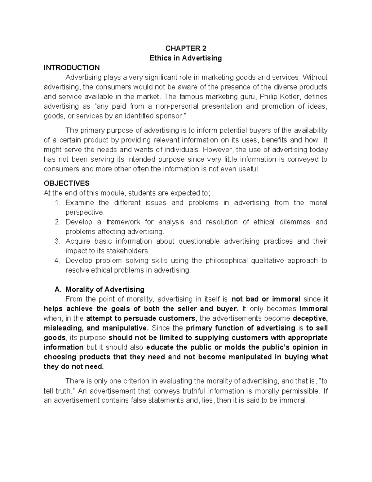 Ethics in Advertising - CHAPTER 2 Ethics in Advertising INTRODUCTION ...