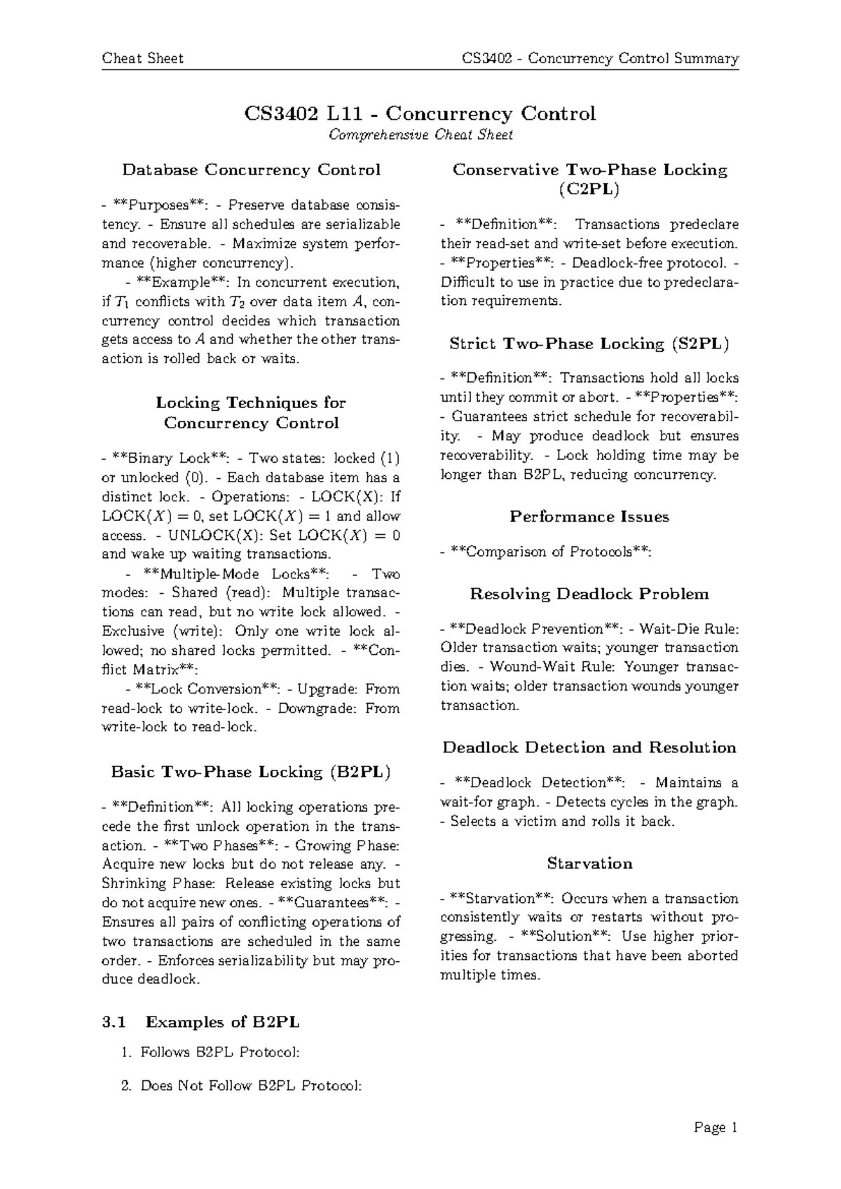 Cheat Sheet CS3402: Concurrency Control Summary for Lecture 11 - Studocu