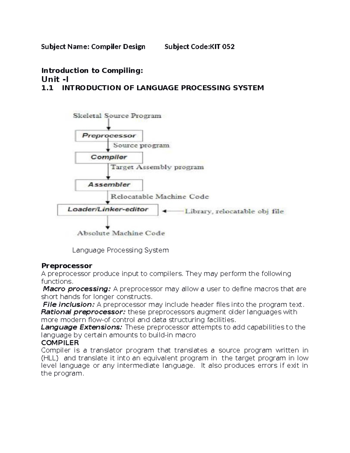 Compiler Design Notes - Unit 1 Overview and Language Processing - Studocu