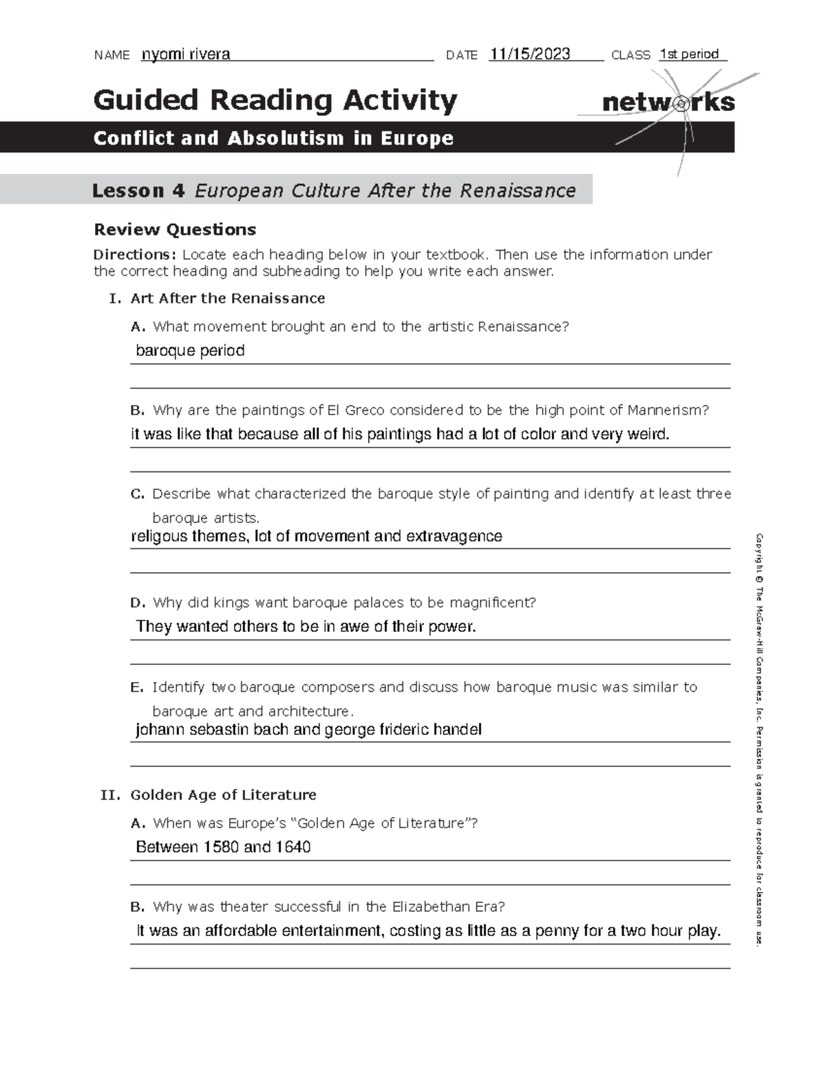 Netw rks: Conflict & Absolutism in Europe - Guided Reading Activity ...