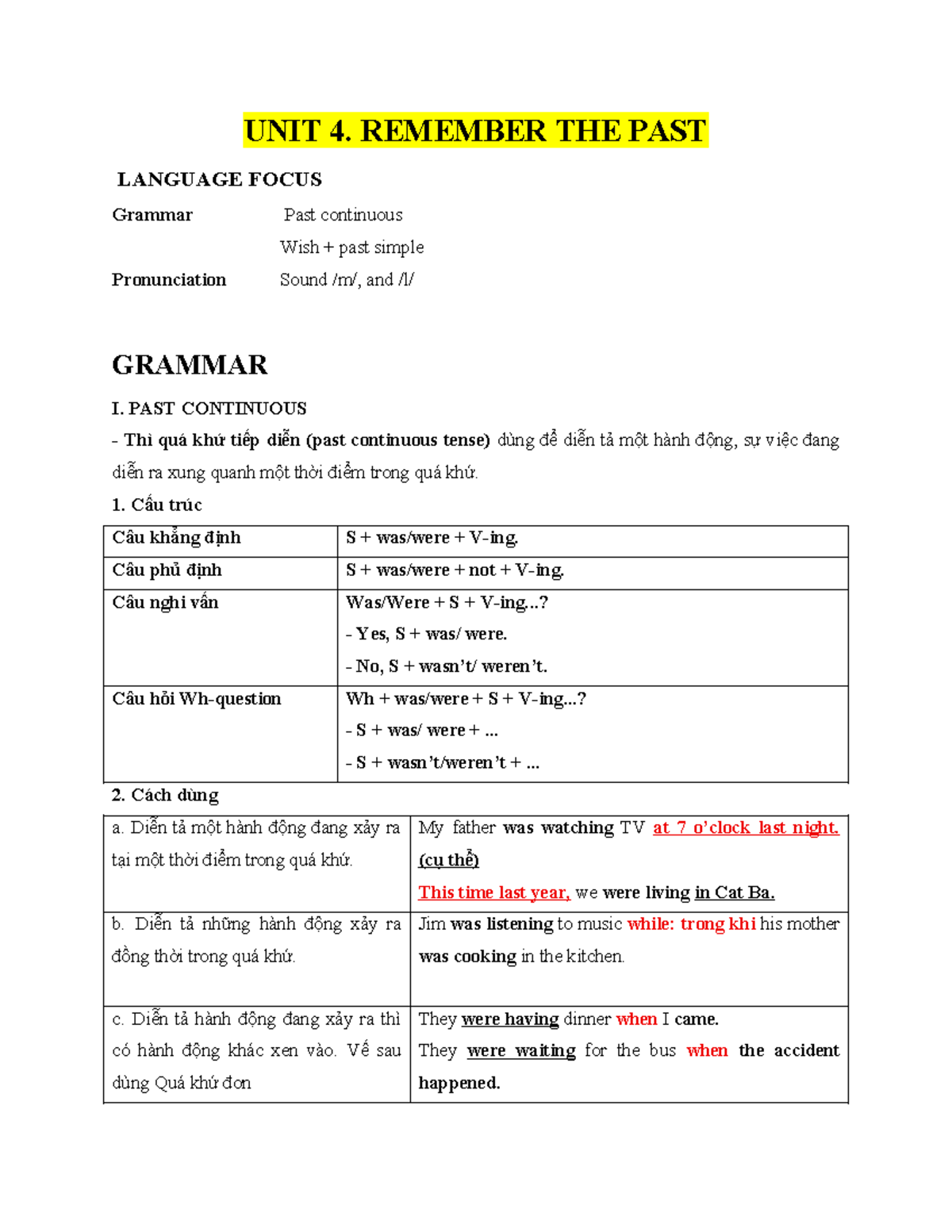 UNIT 4: PAST CONTINUOUS & WISH PAST SIMPLE GRAMMAR NOTES - Studocu