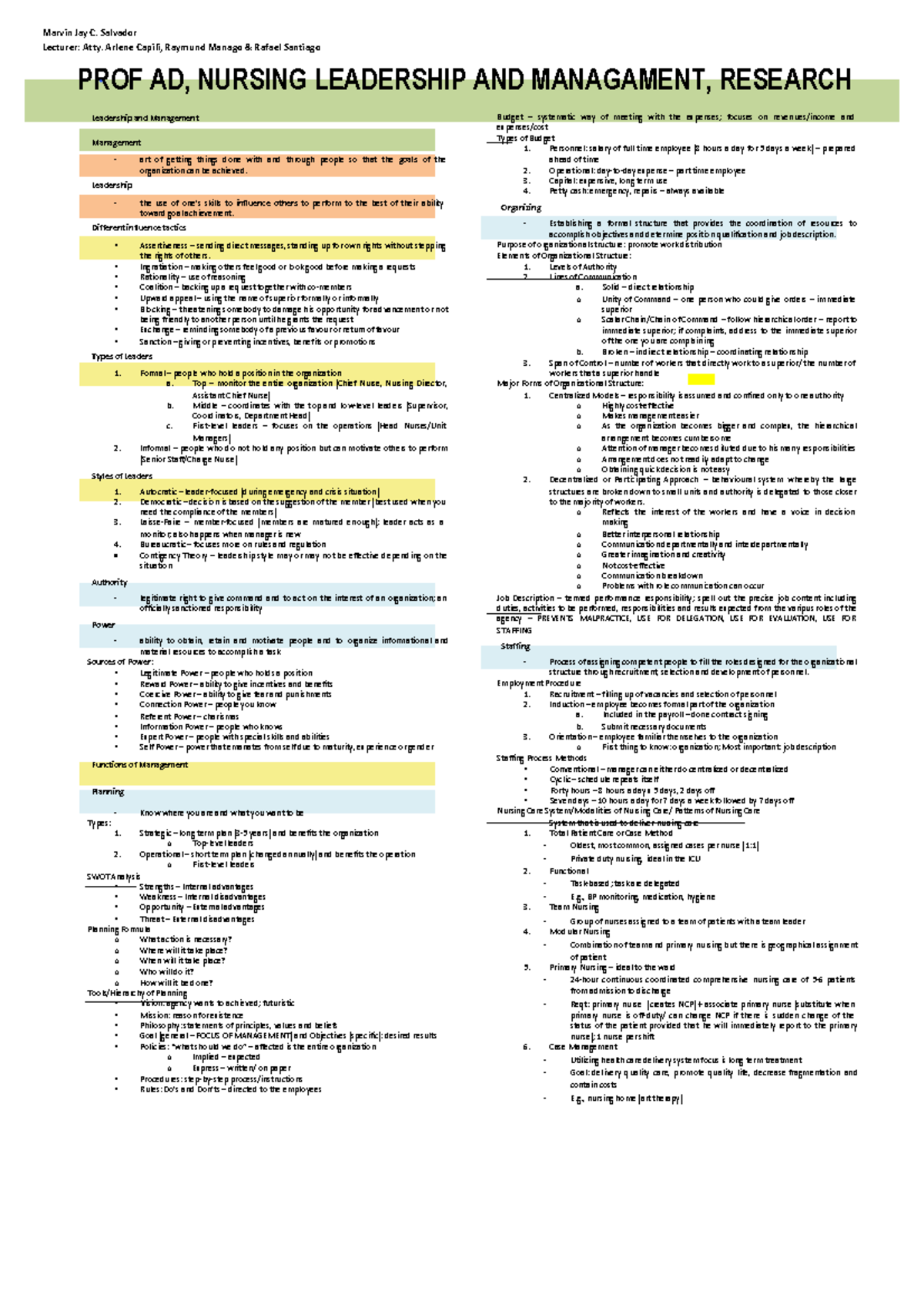 PNLE Reviewer: Nursing Leadership and Management Concepts - Studocu