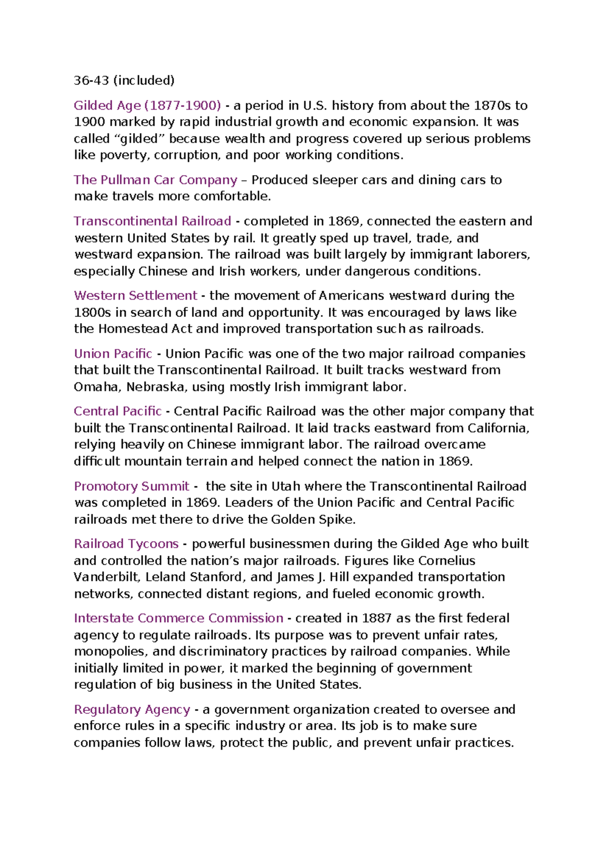 Gilded Age U.S. History Terms: Key Concepts & Events (HIST 101) - Studocu