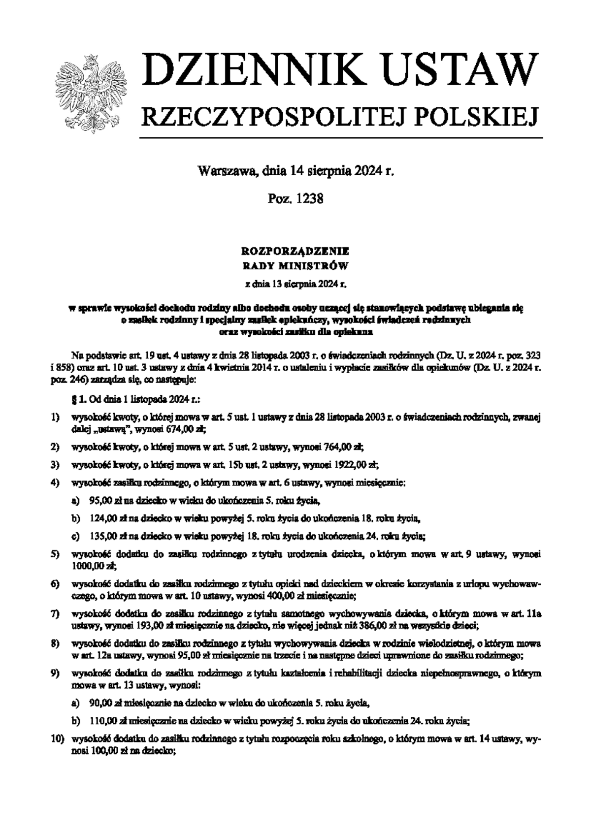 Rozporządzenie Rady Ministrów w sprawie zasiłków rodzinnych 2024 - Studocu