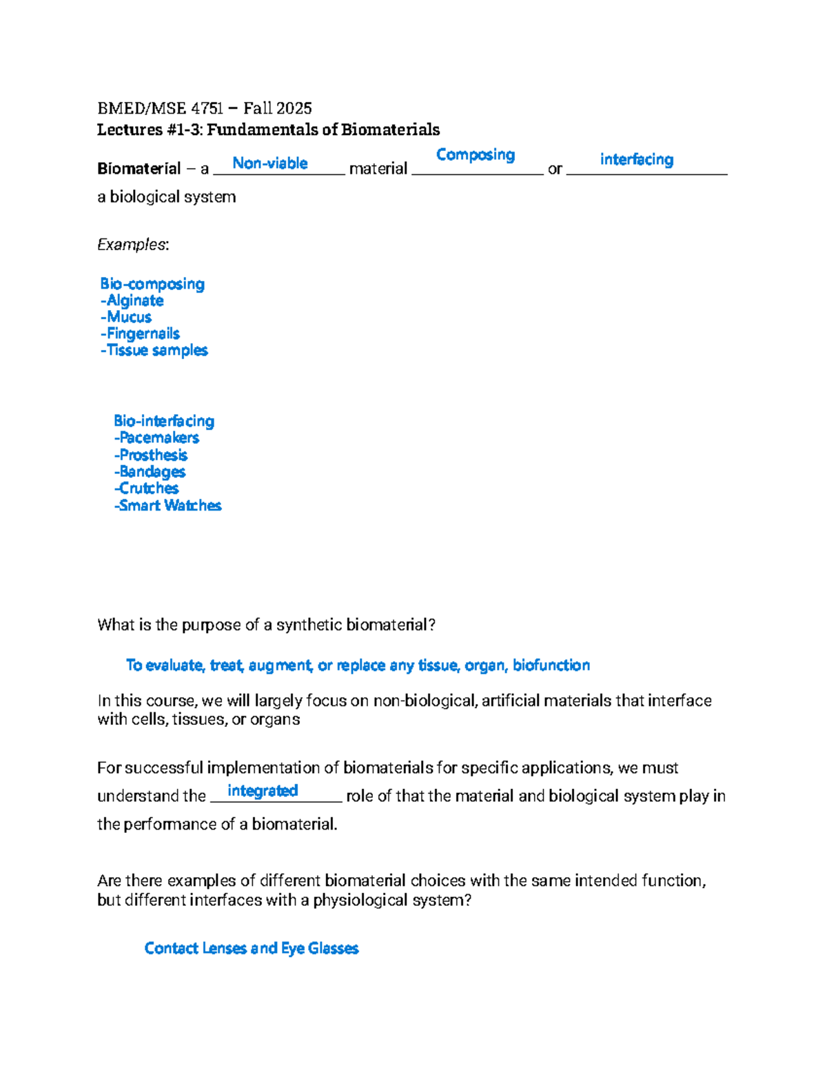 BMED/MSE 4751 – Fall 2025 Lecture Notes on Biomaterials Fundamentals ...