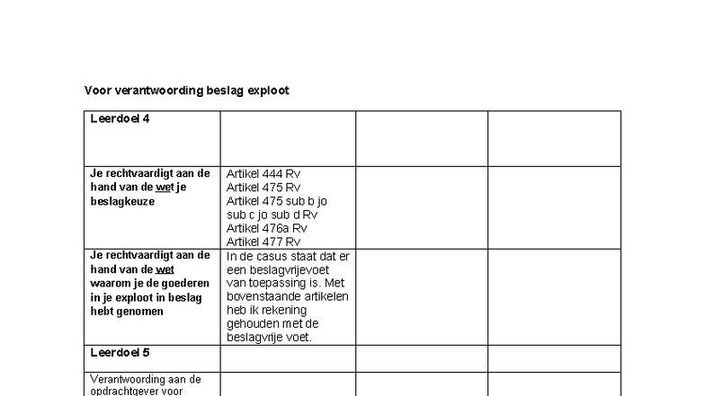 Verantwoording Beslag Exploot: Leerdoelen 4 en 5 Rv Analyse - Studeersnel