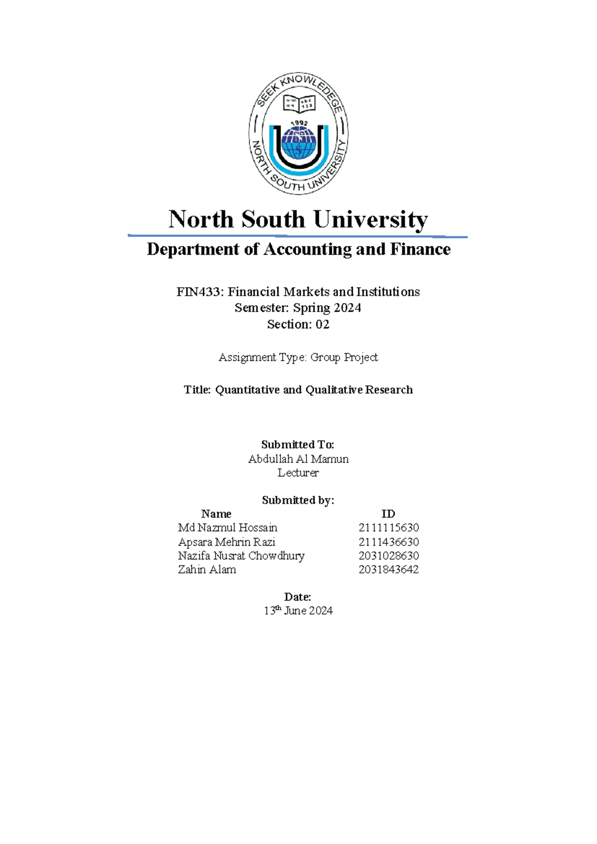 FIN433 Group Project: Analysis of Financial Markets & Institutions ...