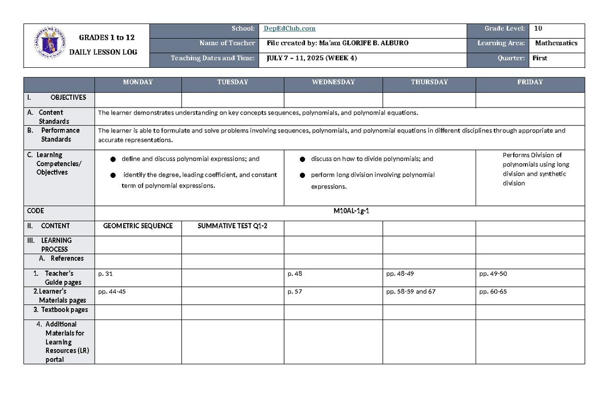 DLL Mathematics 10 Q1 W4: Polynomial Division Lesson Plan - Studocu