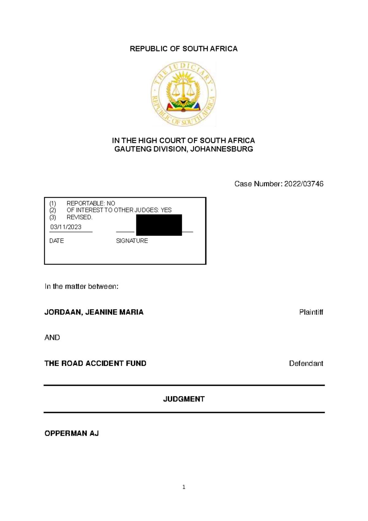 Jordaan v RAF: Judgment on Default and Interim Payment Application ...