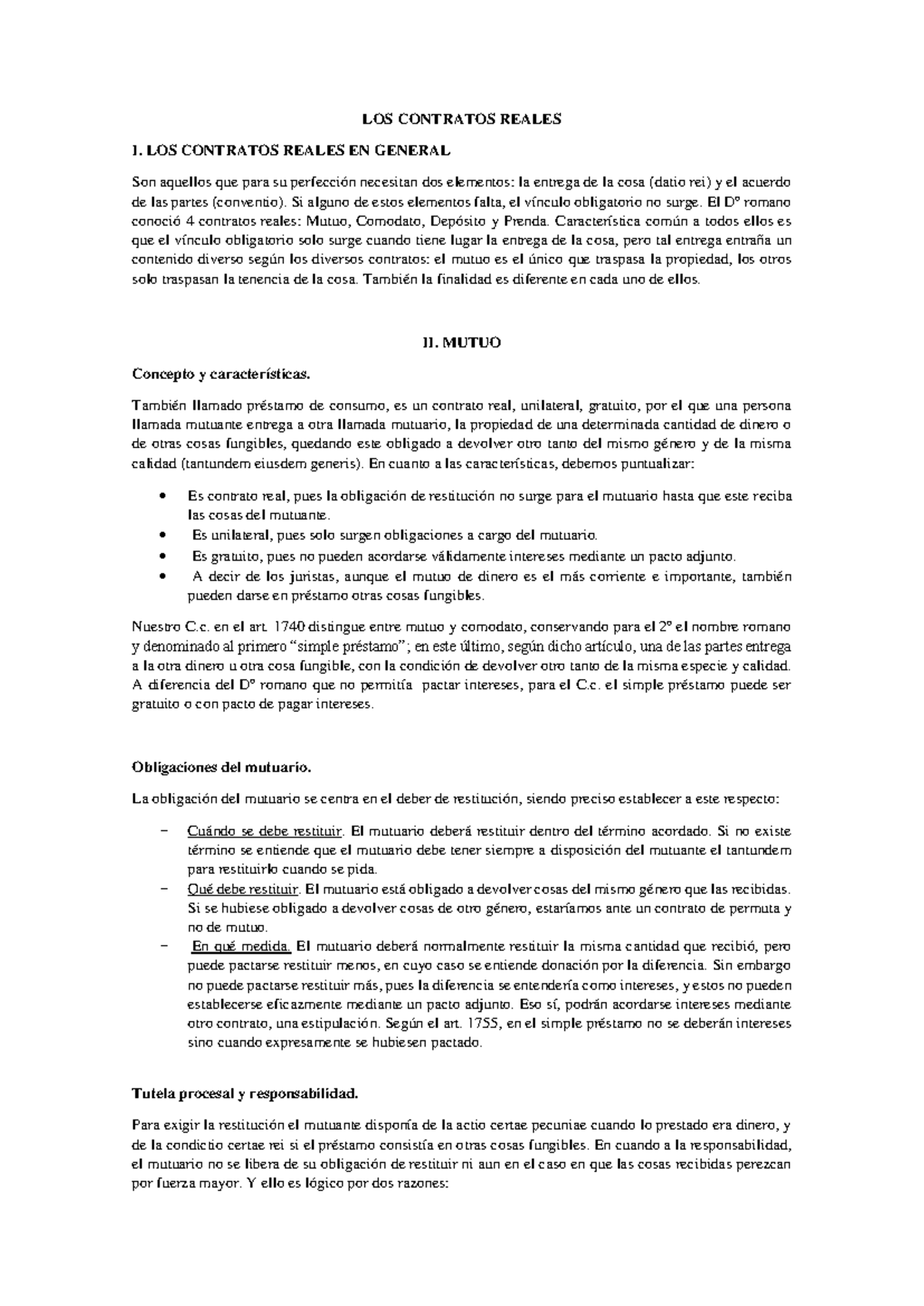 Contratos Reales: Mutuo y Comodato - Análisis y Características - Studocu