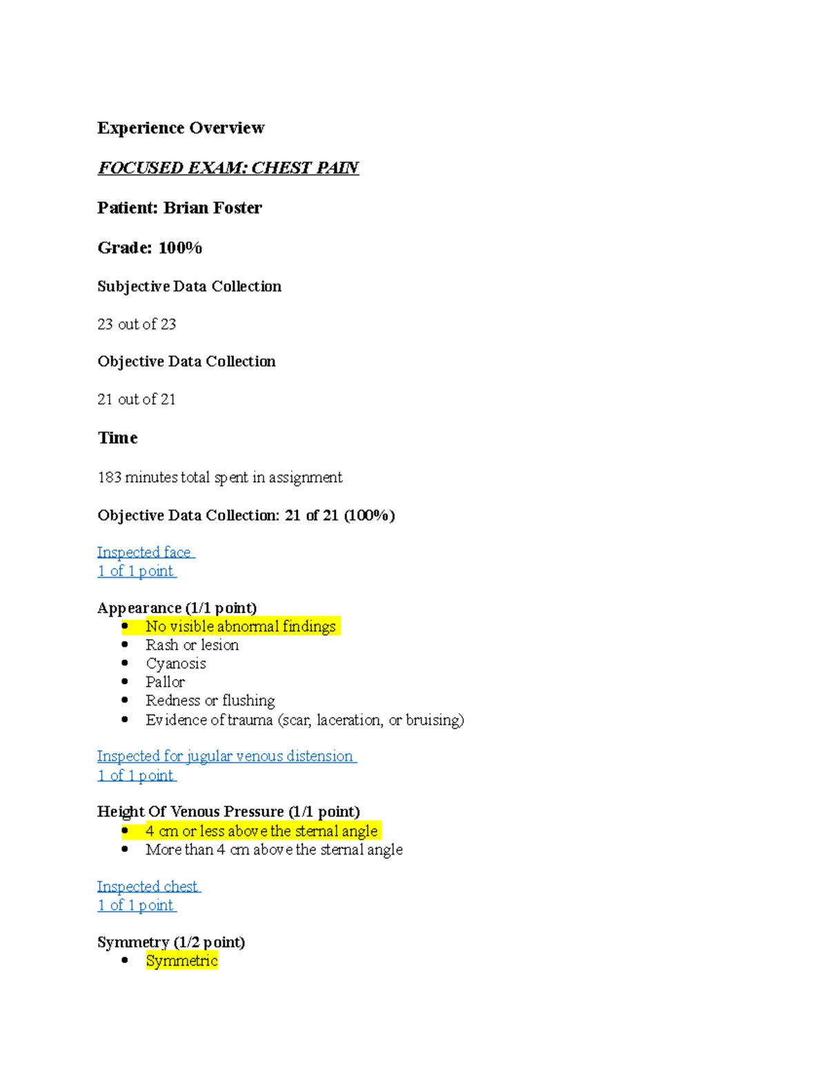 Brian Foster- Objective - Focused Exam: Chest Pain Results | Completed ...