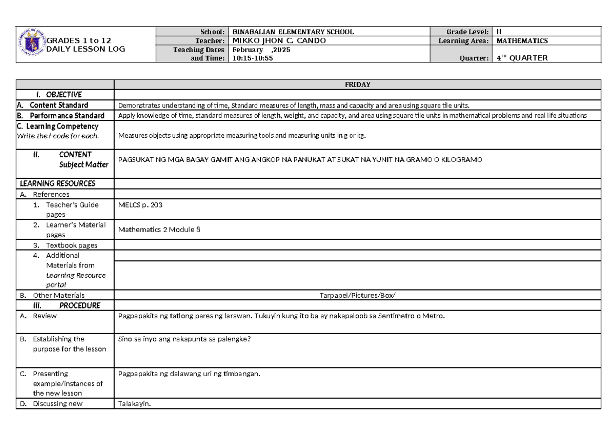 DLL MATH-2 Q4 W3 - DATA - GRADES 1 to 12 DAILY LESSON LOG School ...