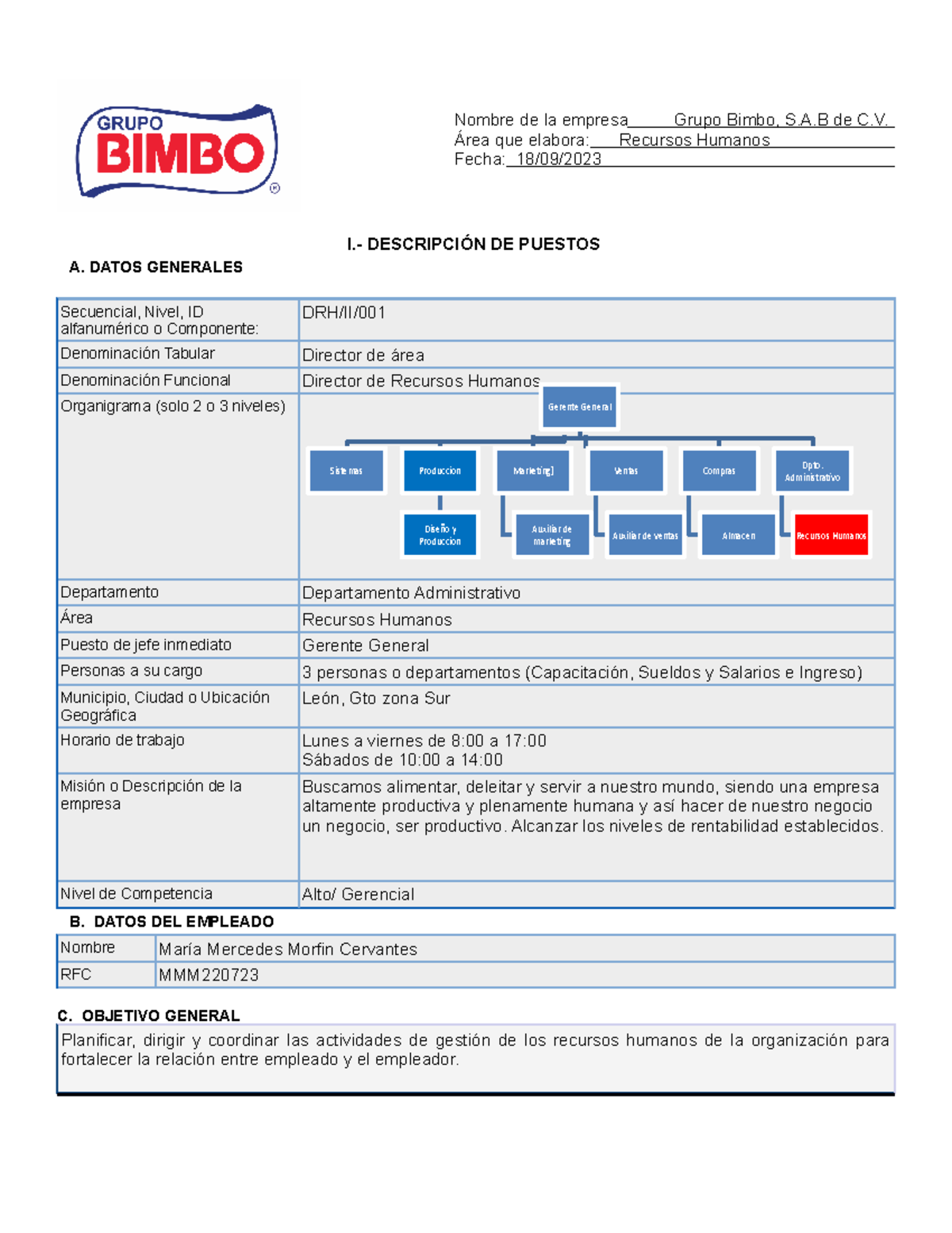 Perfil de Puesto y Descripción de Recursos Humanos en Grupo Bimbo - Studocu