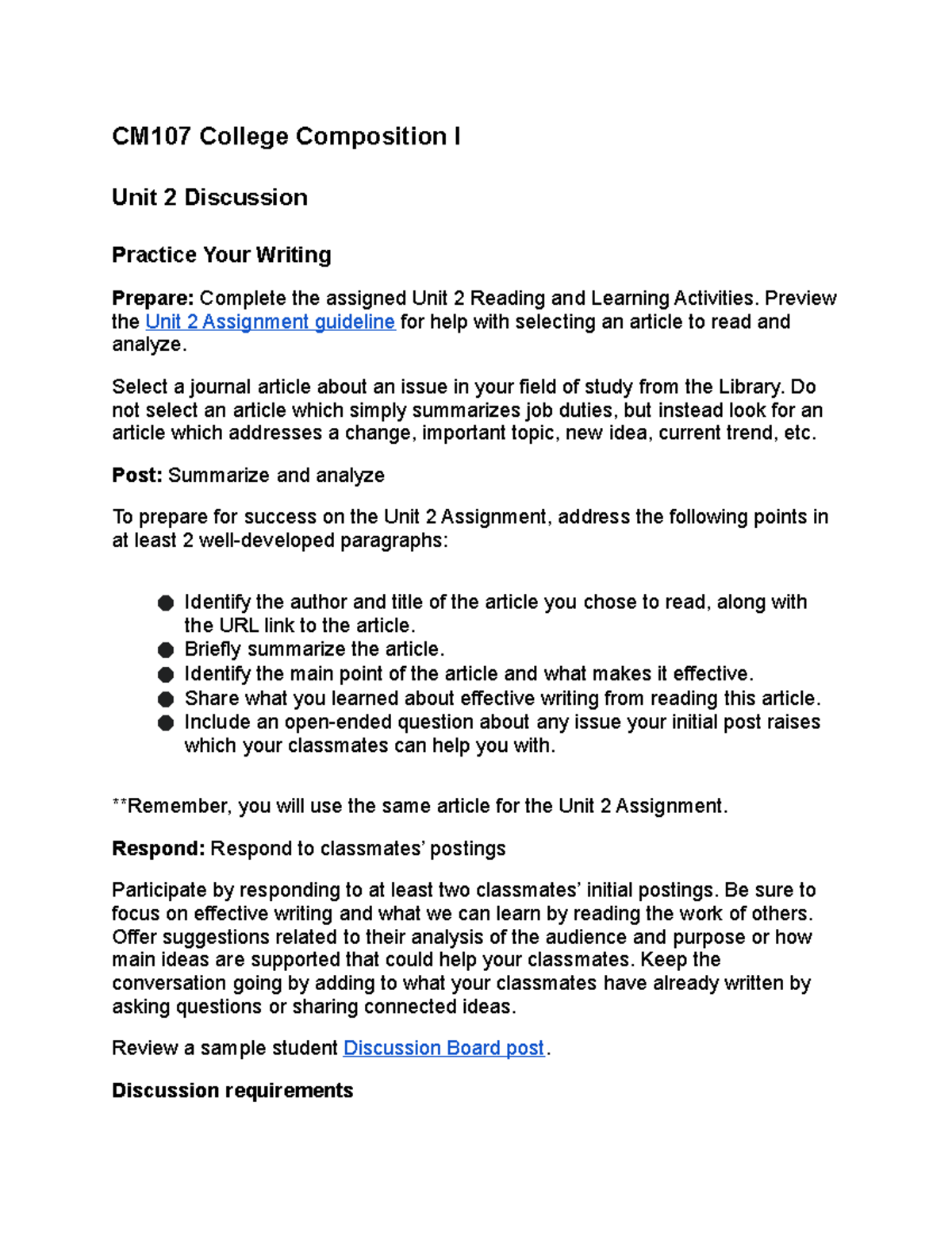 LDavis CM107 Unit 2 Discussion - CM107 College Composition l Unit 2 Discussion Practice Your ...