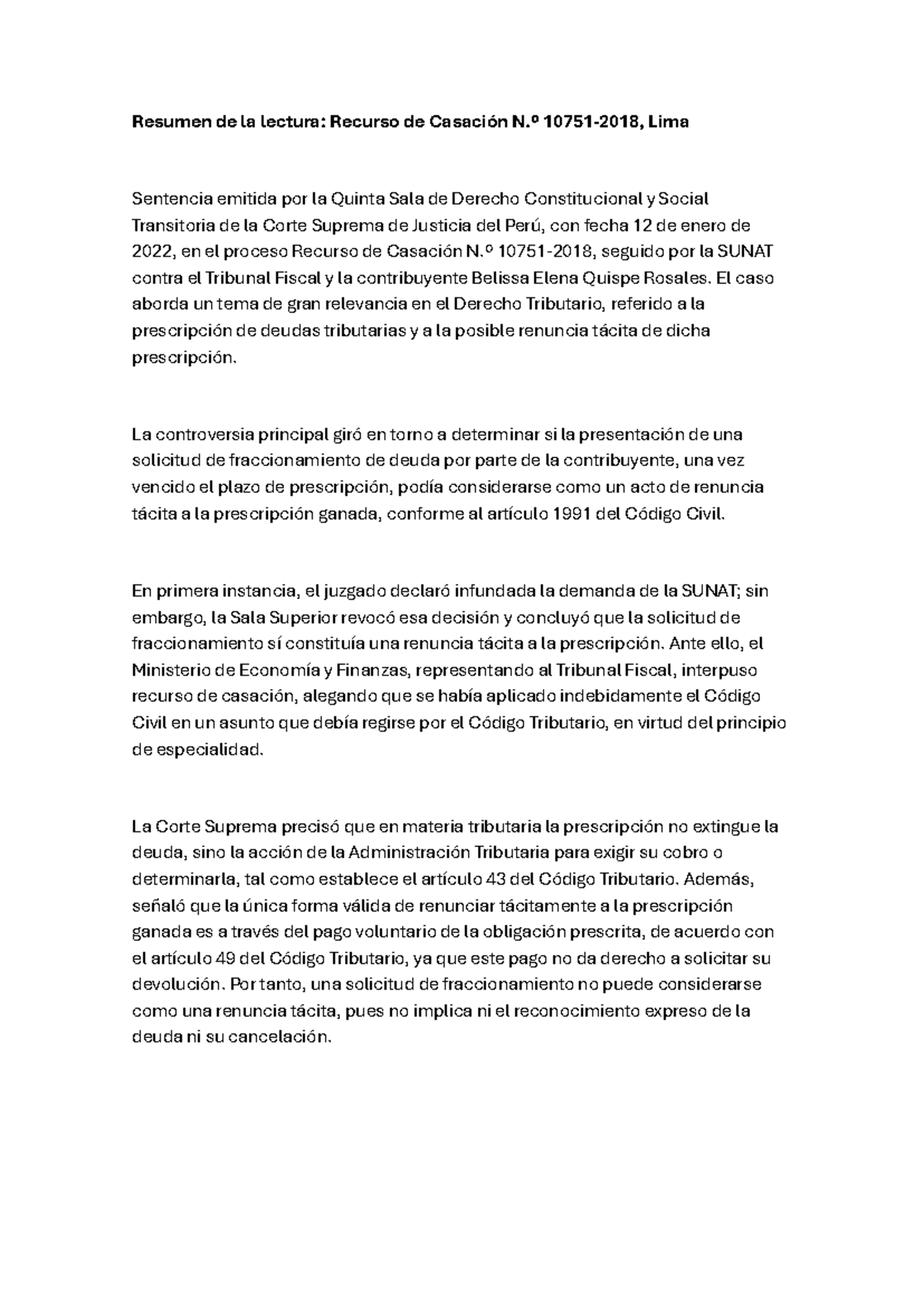 Resumen de la Sentencia de Casación N.º Lima sobre Prescripción ...