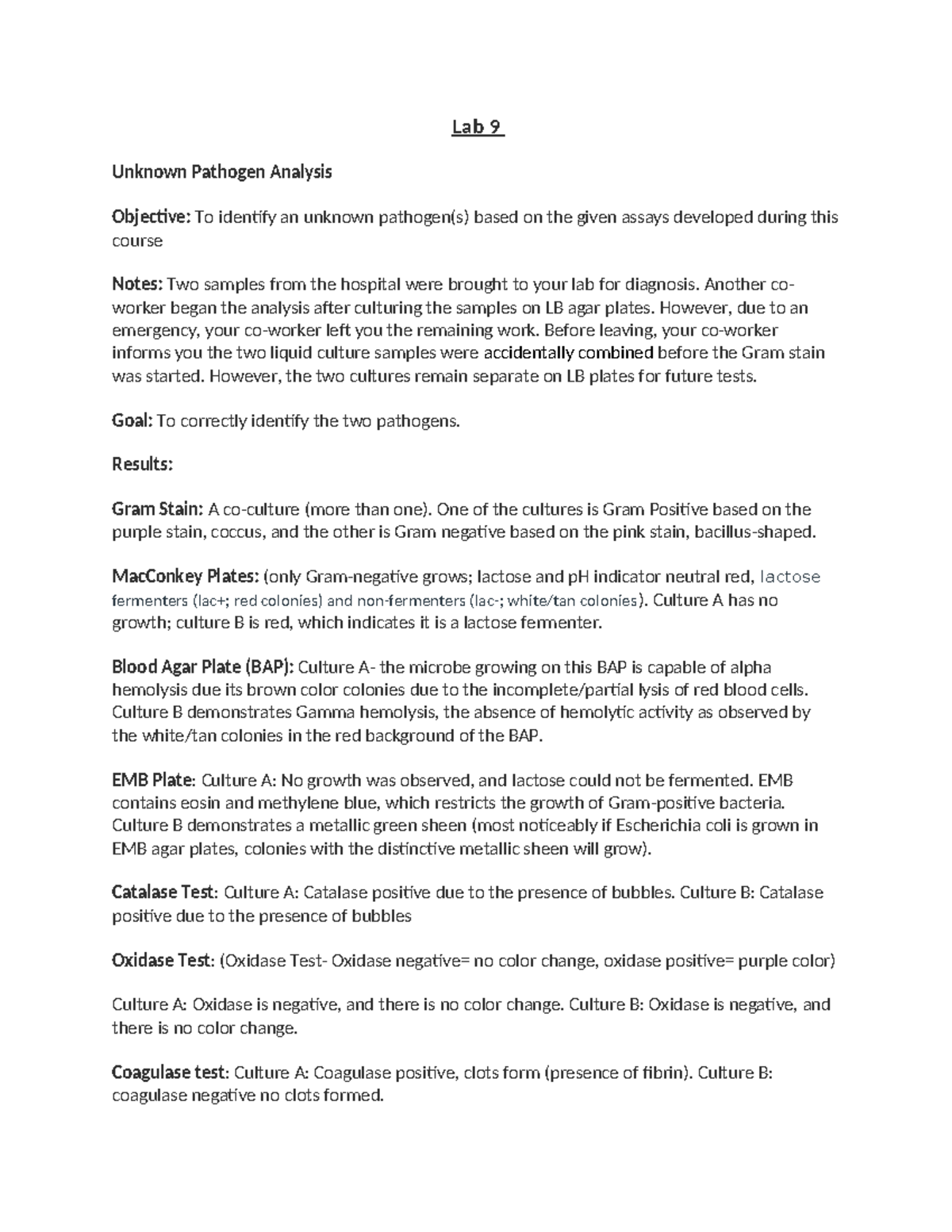 Lab 9: Analysis and Identification of Unknown Pathogens - Studocu