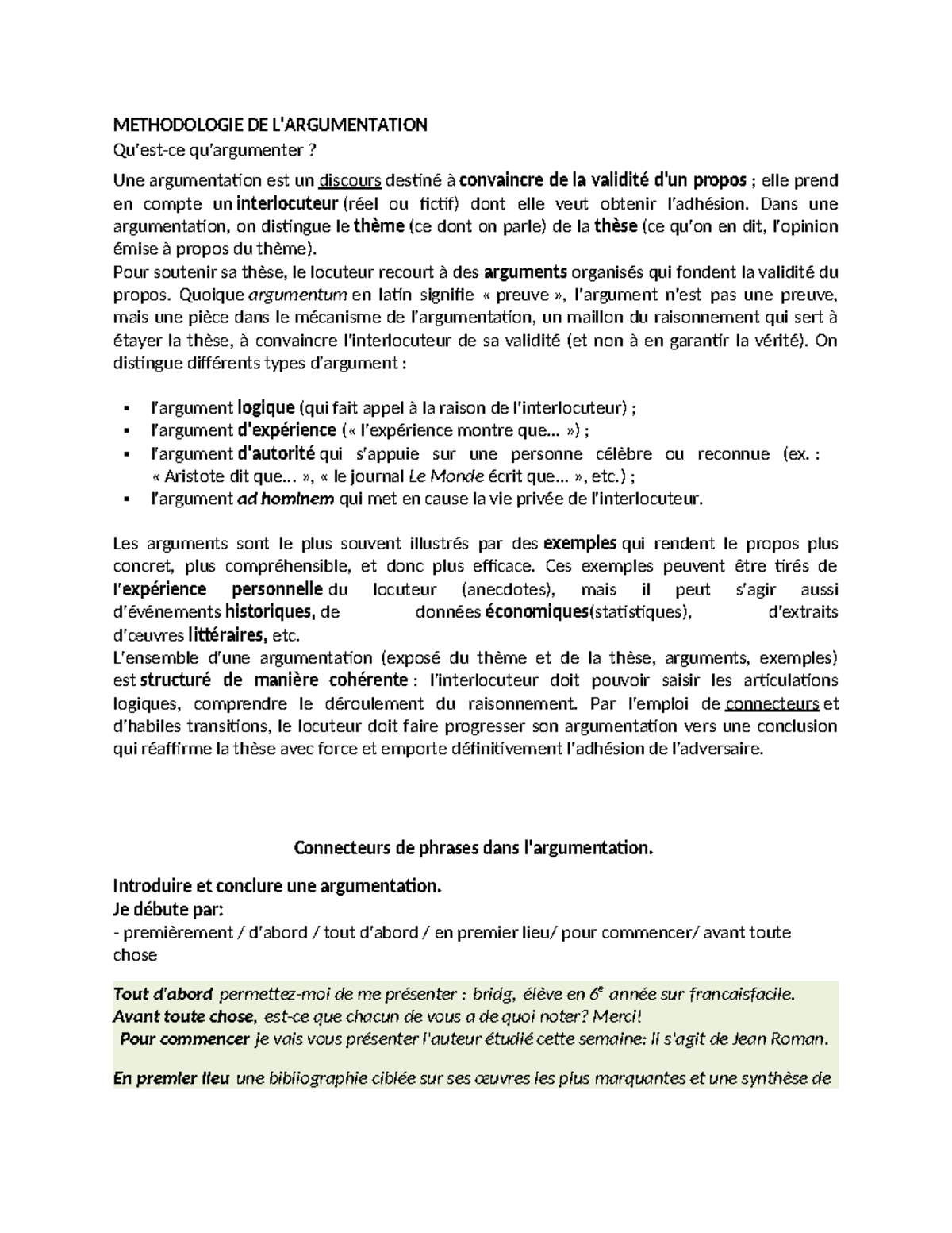 Argumentation sur Jean Roman et la société marocaine - FRAN 101 - Studocu