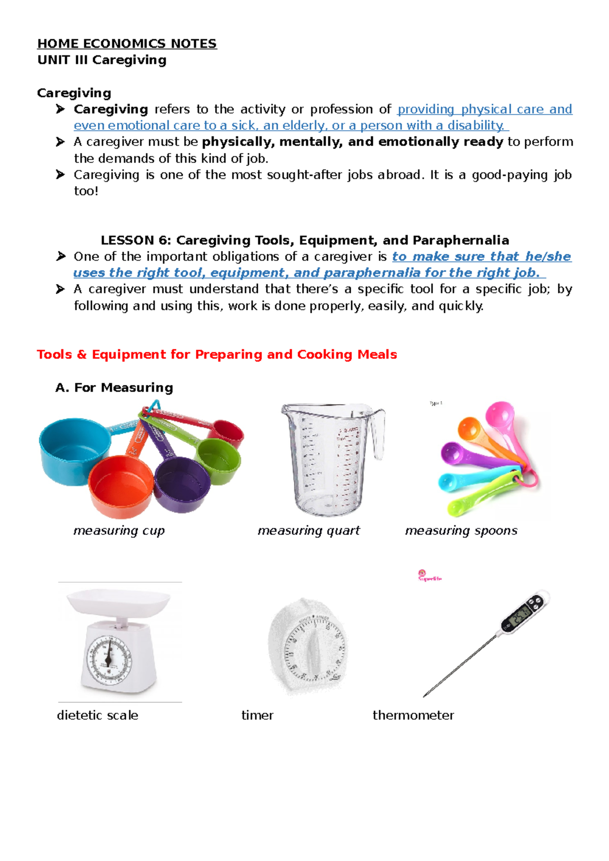 HOME Economic Caregiving Lesson III: Tools & Equipment Guide - Studocu