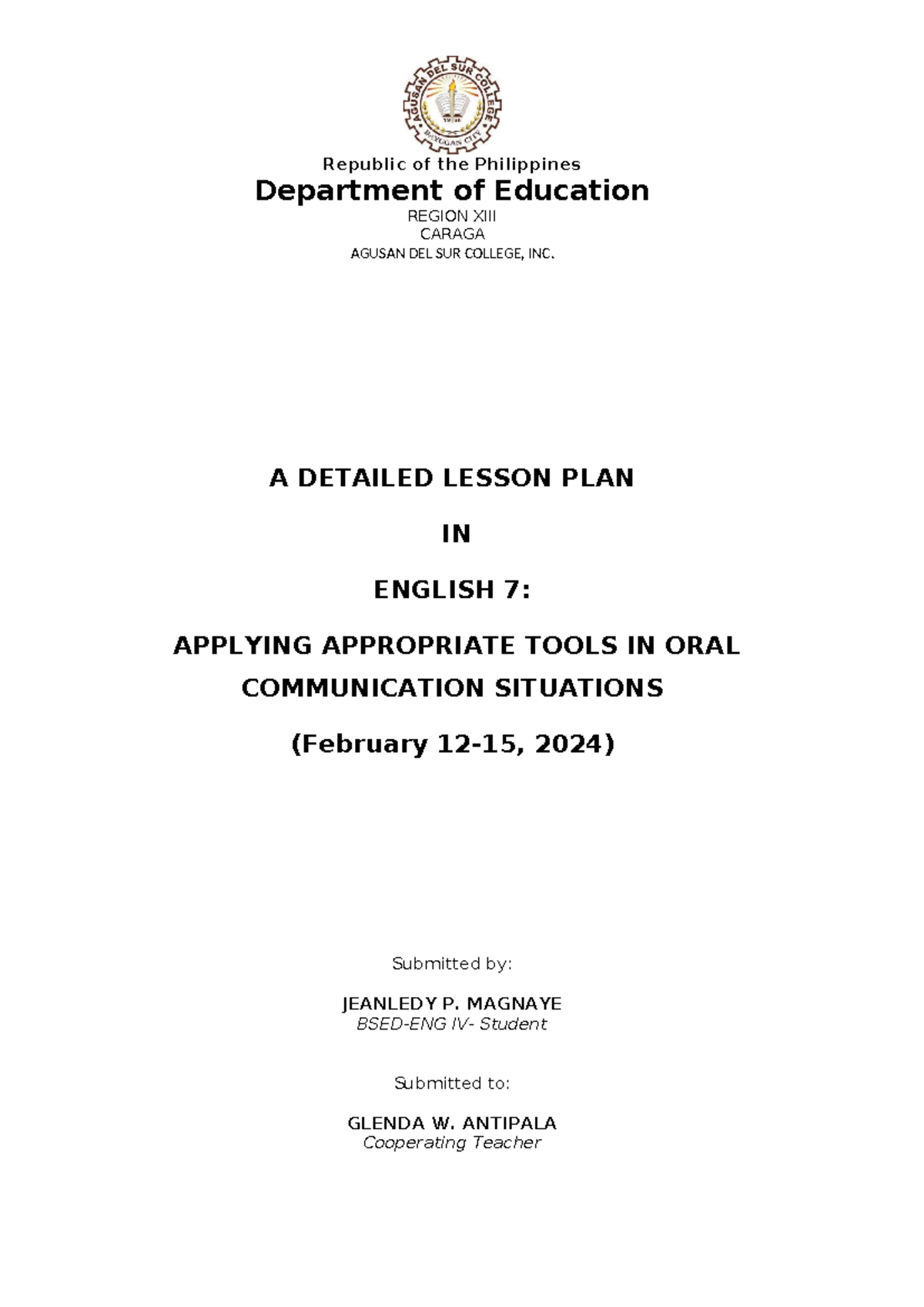 Detailed Lesson Plan: English 7 - Oral Communication Tools - Studocu