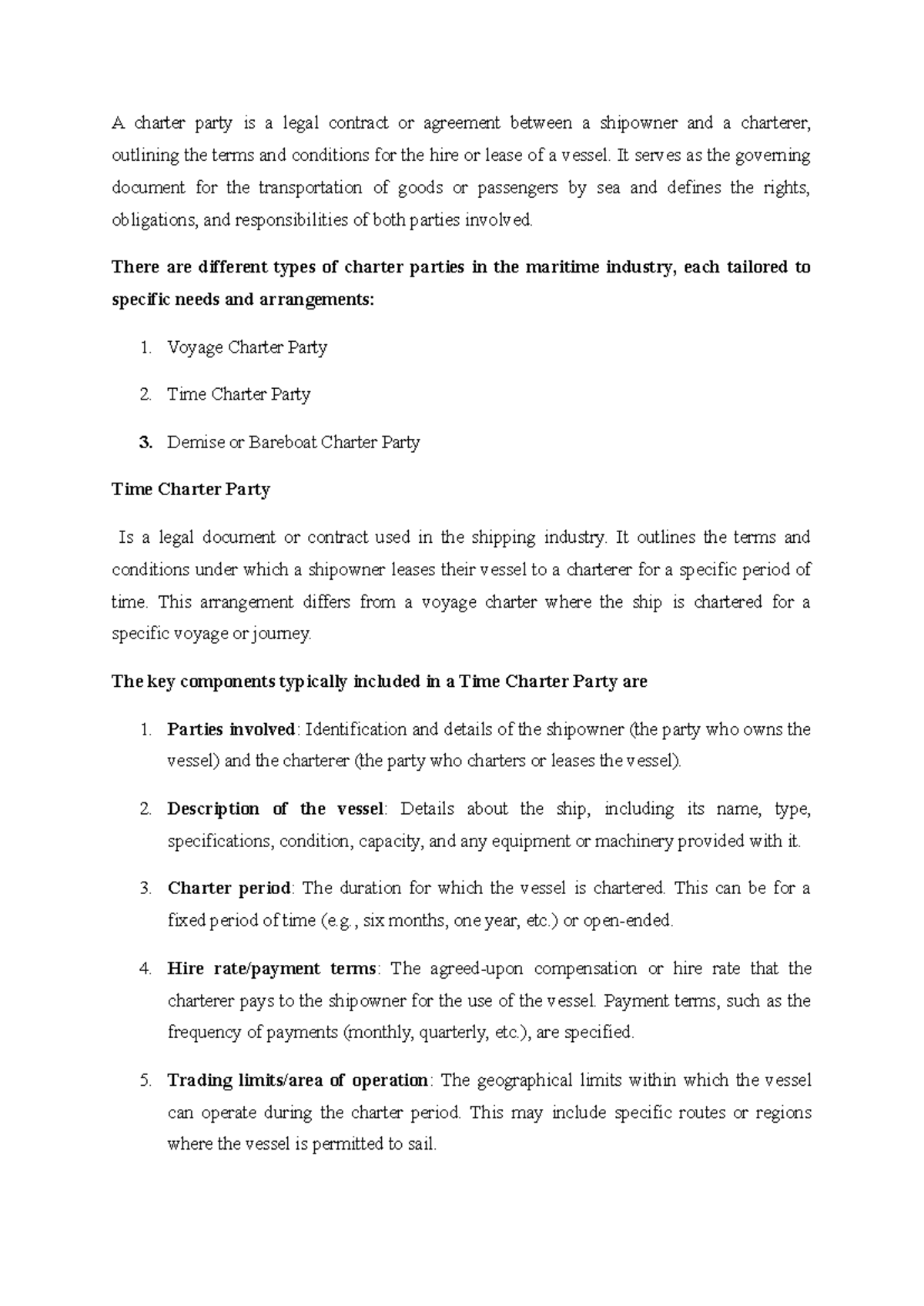 Charter Party Overview: Types, Terms, and Responsibilities - Studocu