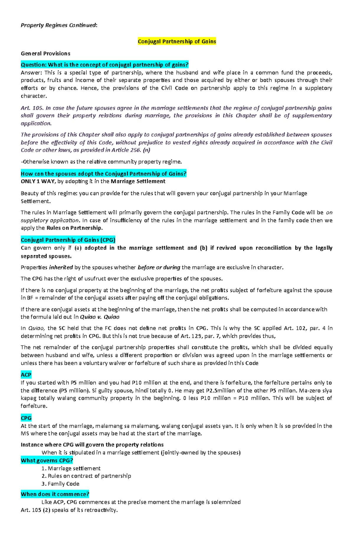 Civil Law Notes: Conjugal Partnership of Gains (CPG) Overview and ...