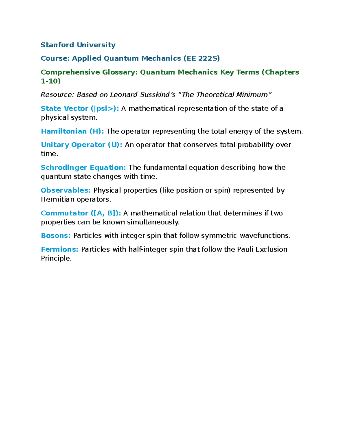 Quantum Mechanics (EE) Final Glossary of Key Terms - Studocu