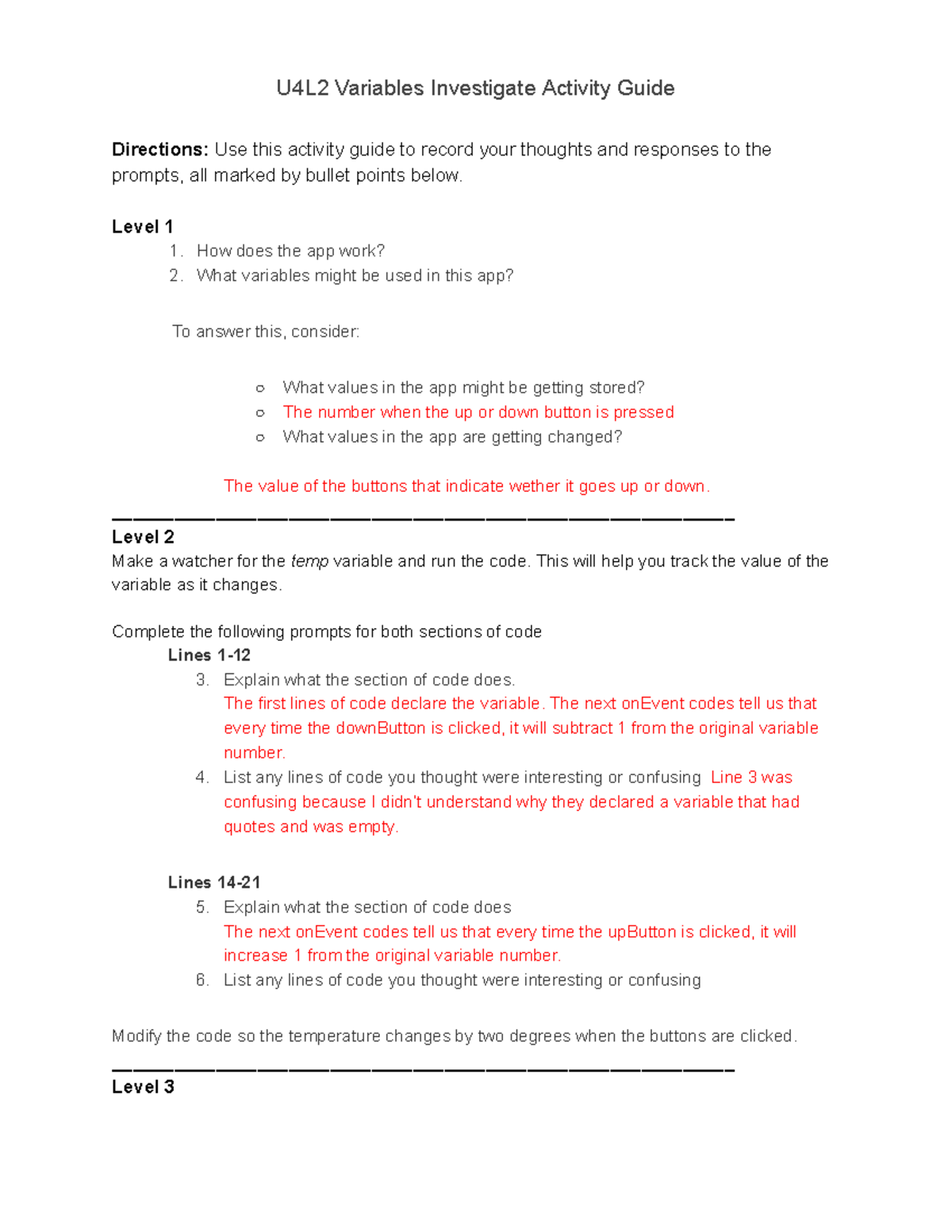 U4L2 Variables Investigate Activity Guide: Understanding Code Logic ...