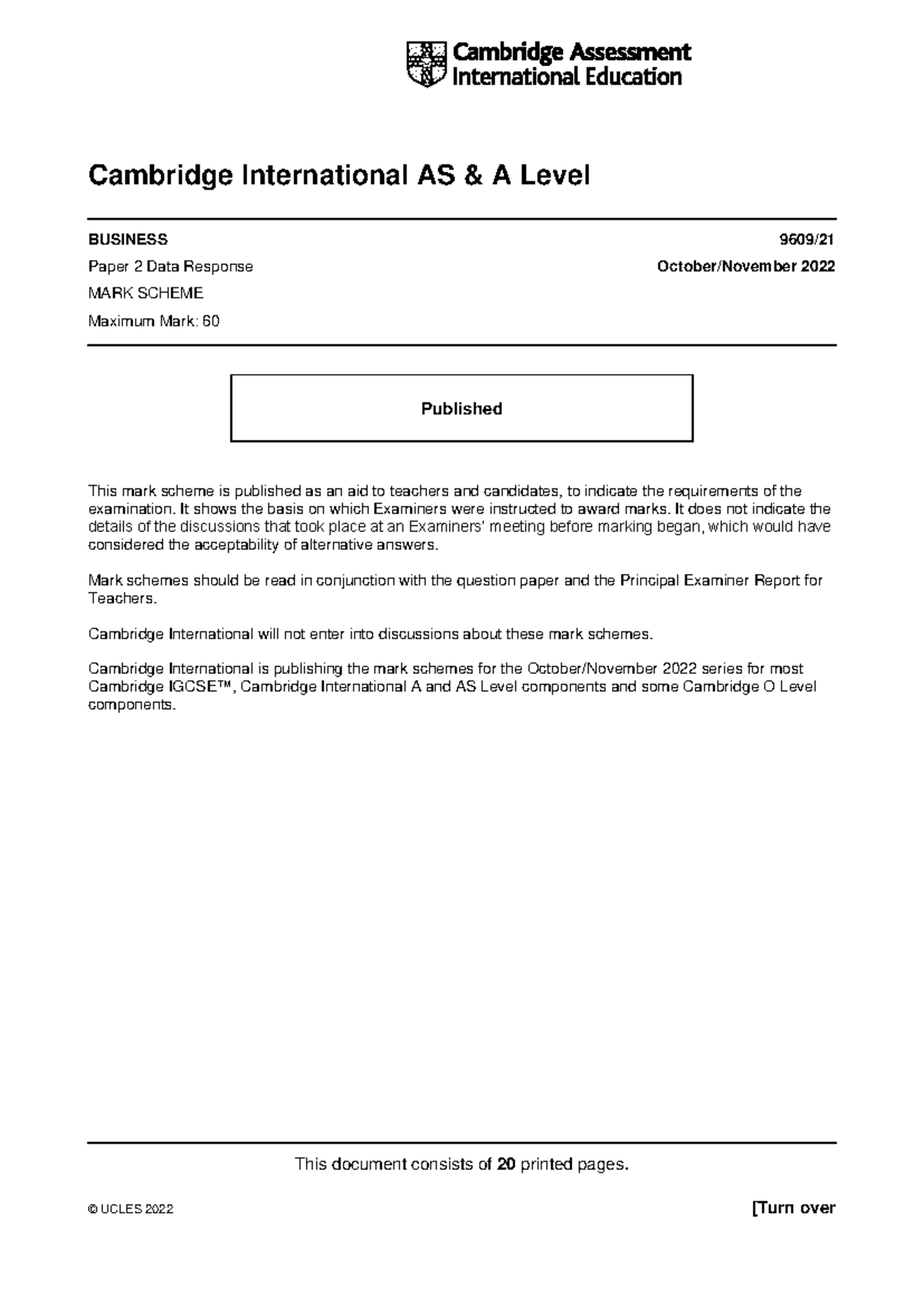 Cambridge International AS A Level BUSINESS 9609 W22 Paper 2 Mark ...