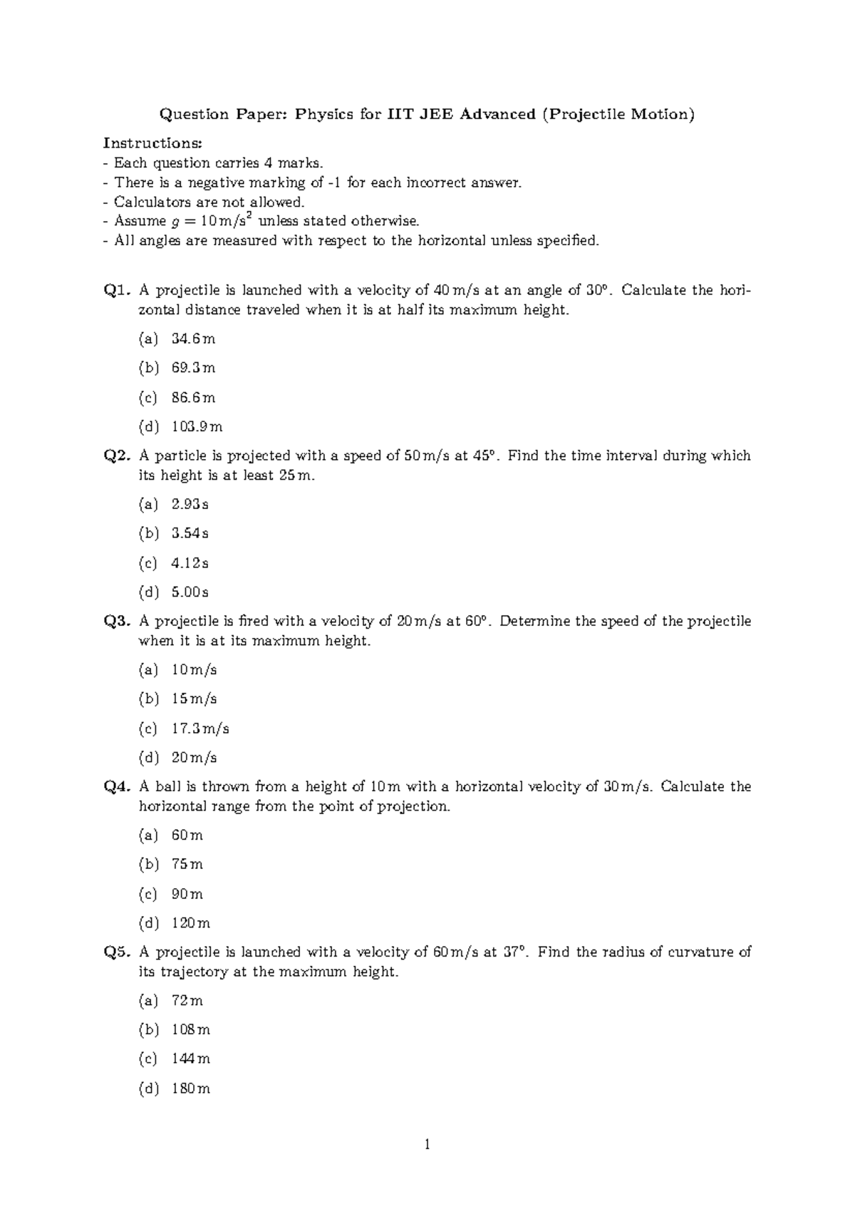 Projectile Motion: IIT JEE Advanced Question Paper (Medimu Mains) - Studocu