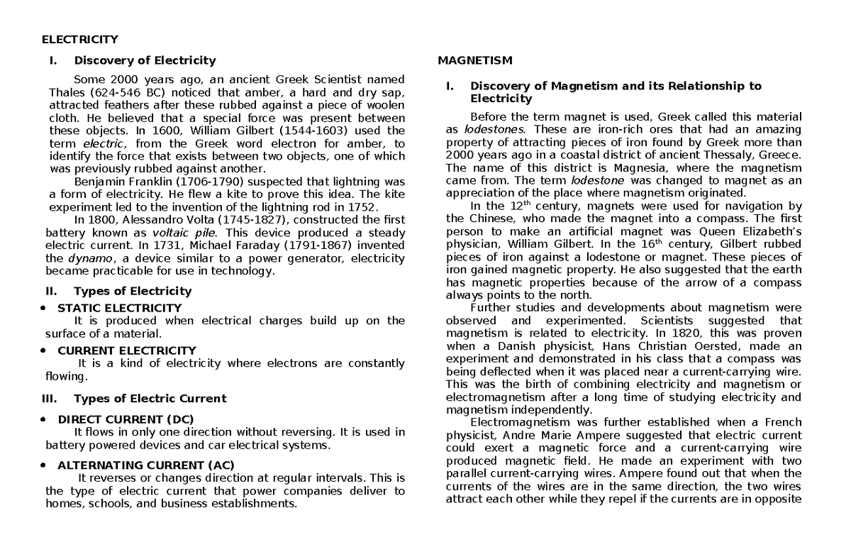 Electricity and Magnetism - ELECTRICITY I. Discovery of Electricity ...